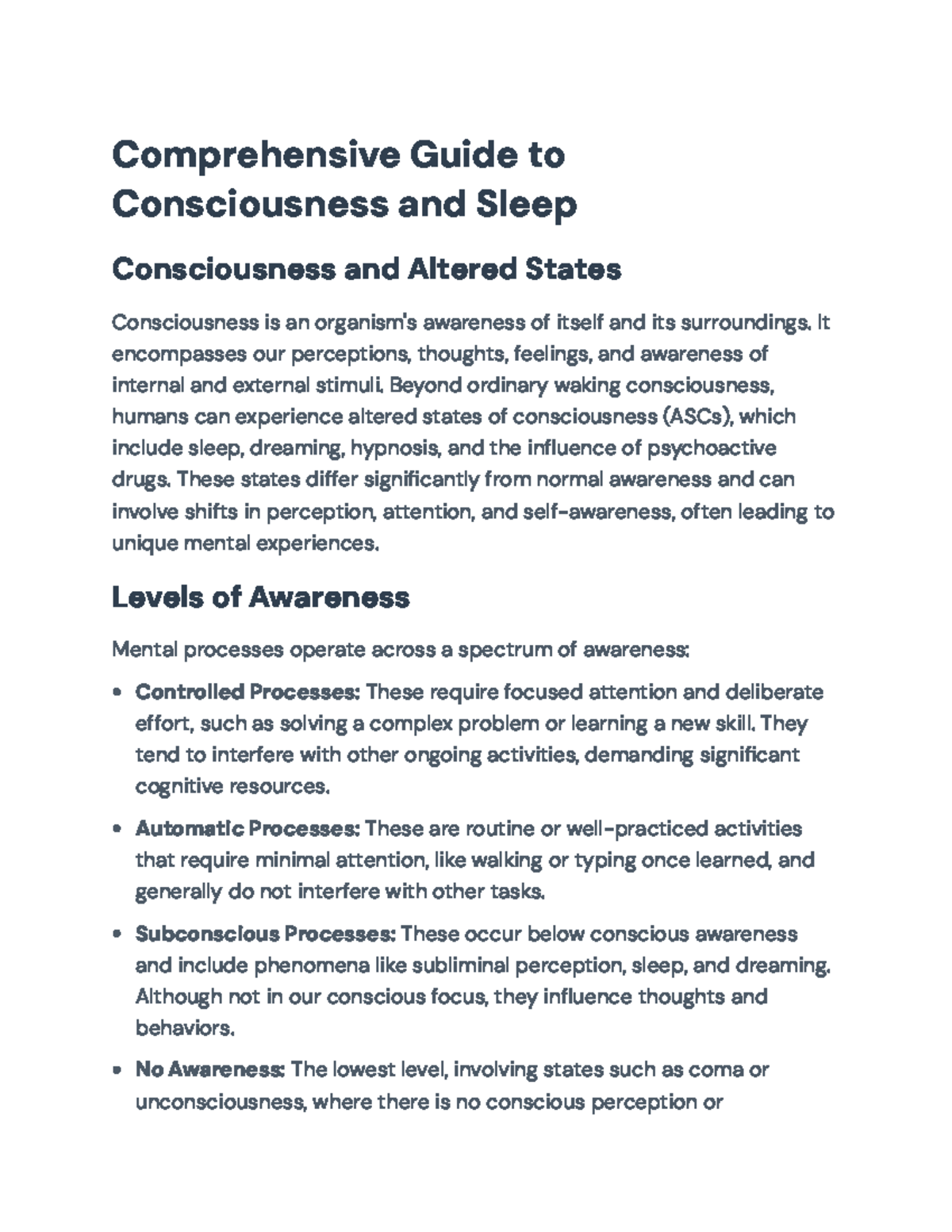 Comprehensive Guide to Consciousness and Sleep (PSY 101) - Studocu