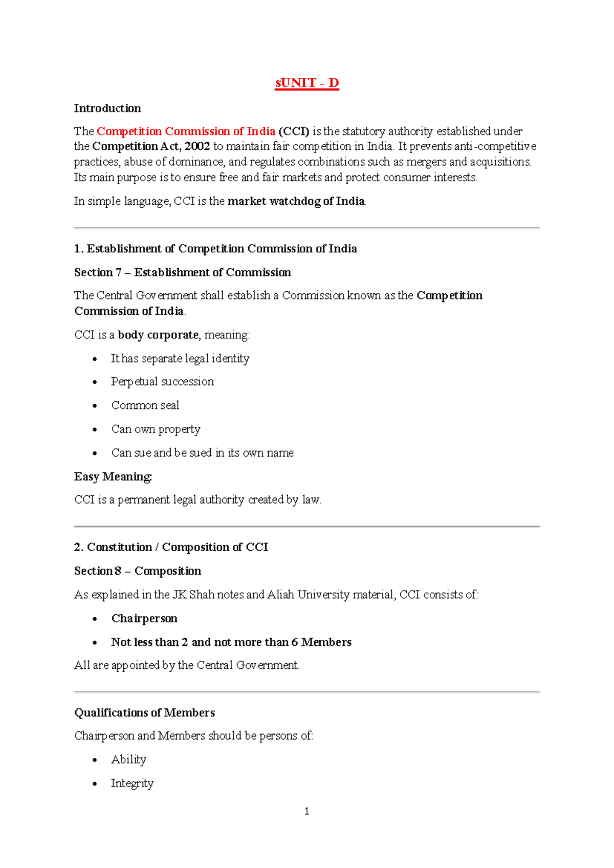 Business Law Notes: CCI & RDB Act Overview (B & D) - Studocu