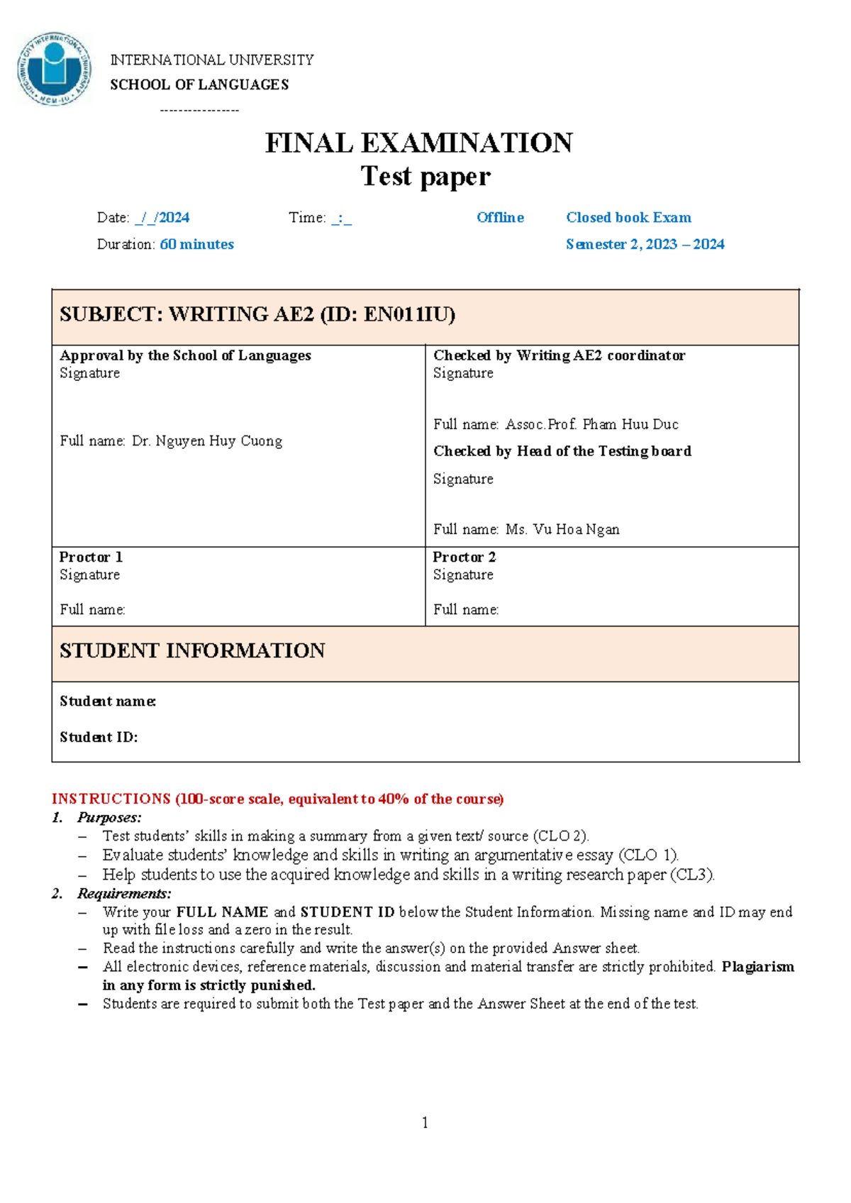 AE2 Writing Final Exam 2023-2024: Test Paper & Instructions - Studocu