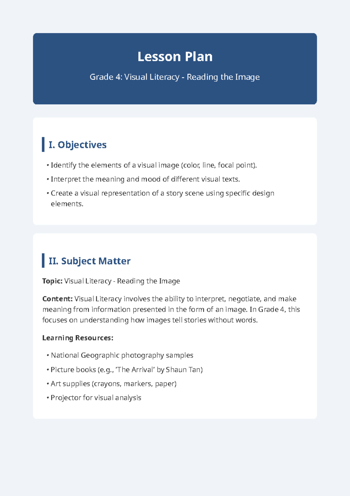 Grade 4 Lesson Plan: Visual Literacy & Image Interpretation - Studocu
