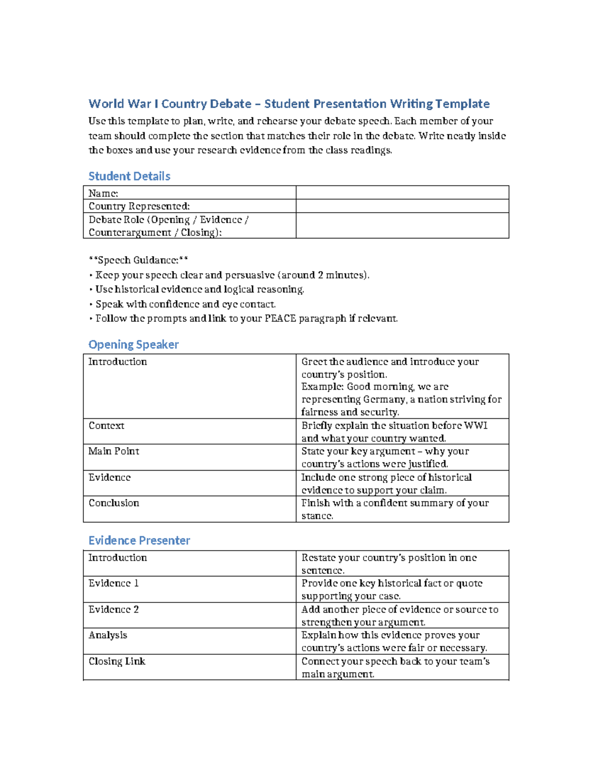 WWI Debate Presentation Template: Student Speech Guide - Studocu