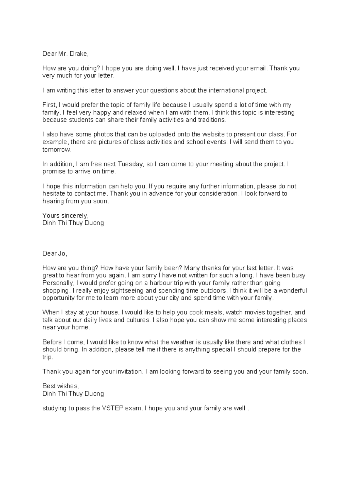 Letter to Mr. Drake and Jo: Family Life & Trip Plans - Studocu