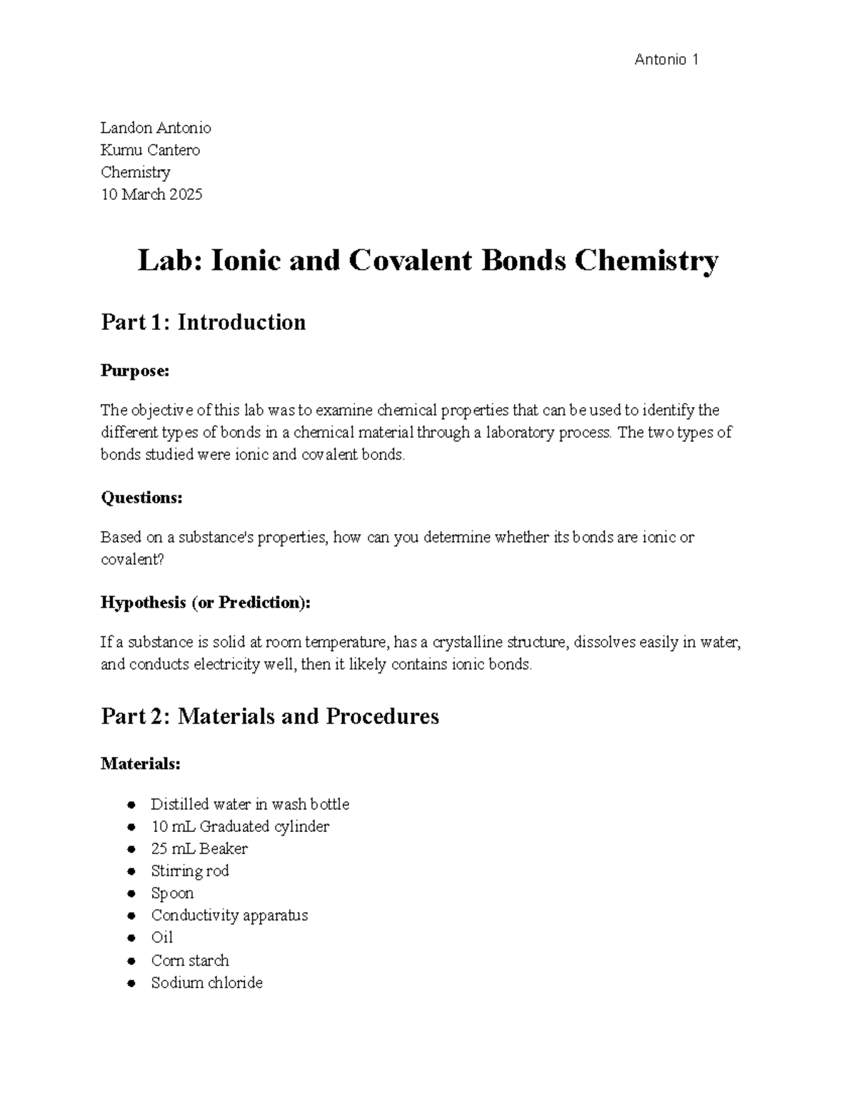 Lab Ionic and Covalent Bonds Chemistry - Landon Antonio Kumu Cantero ...