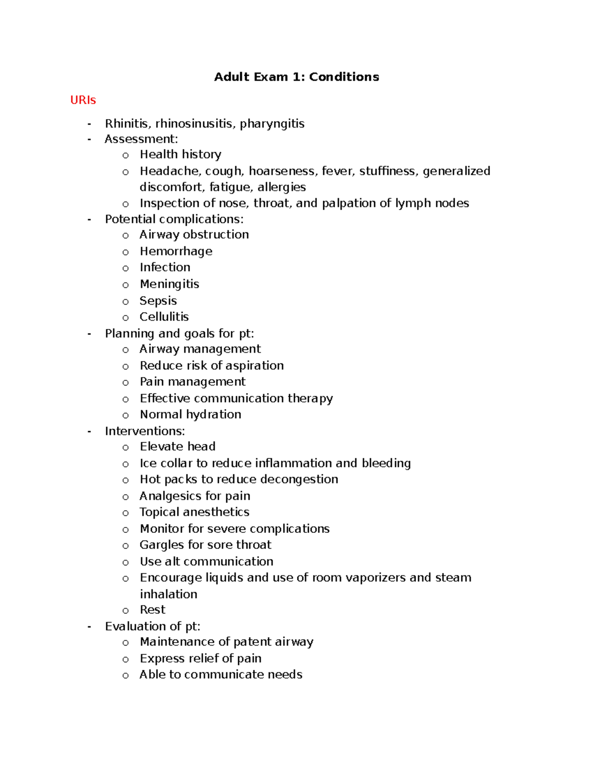 Adult Exam 1: Respiratory Conditions Overview and Management Notes ...