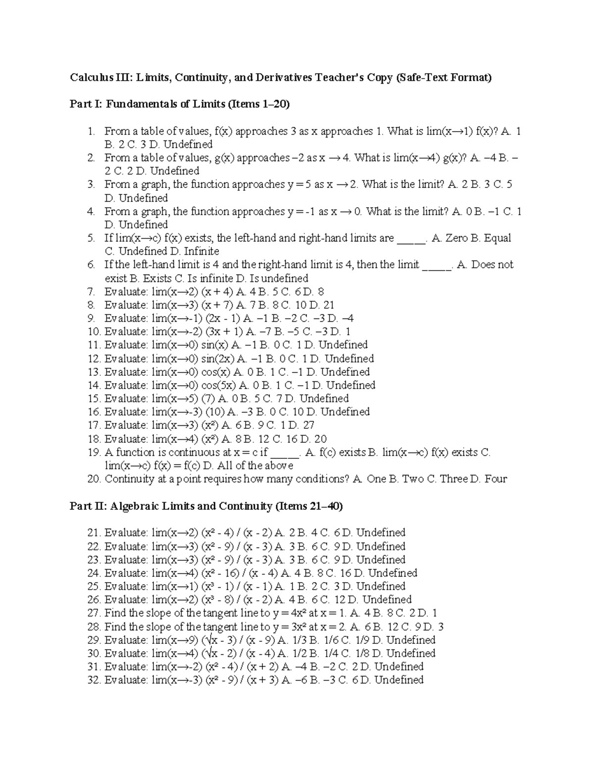 Calculus Q3 Review: Limits, Continuity, and Derivatives - Studocu