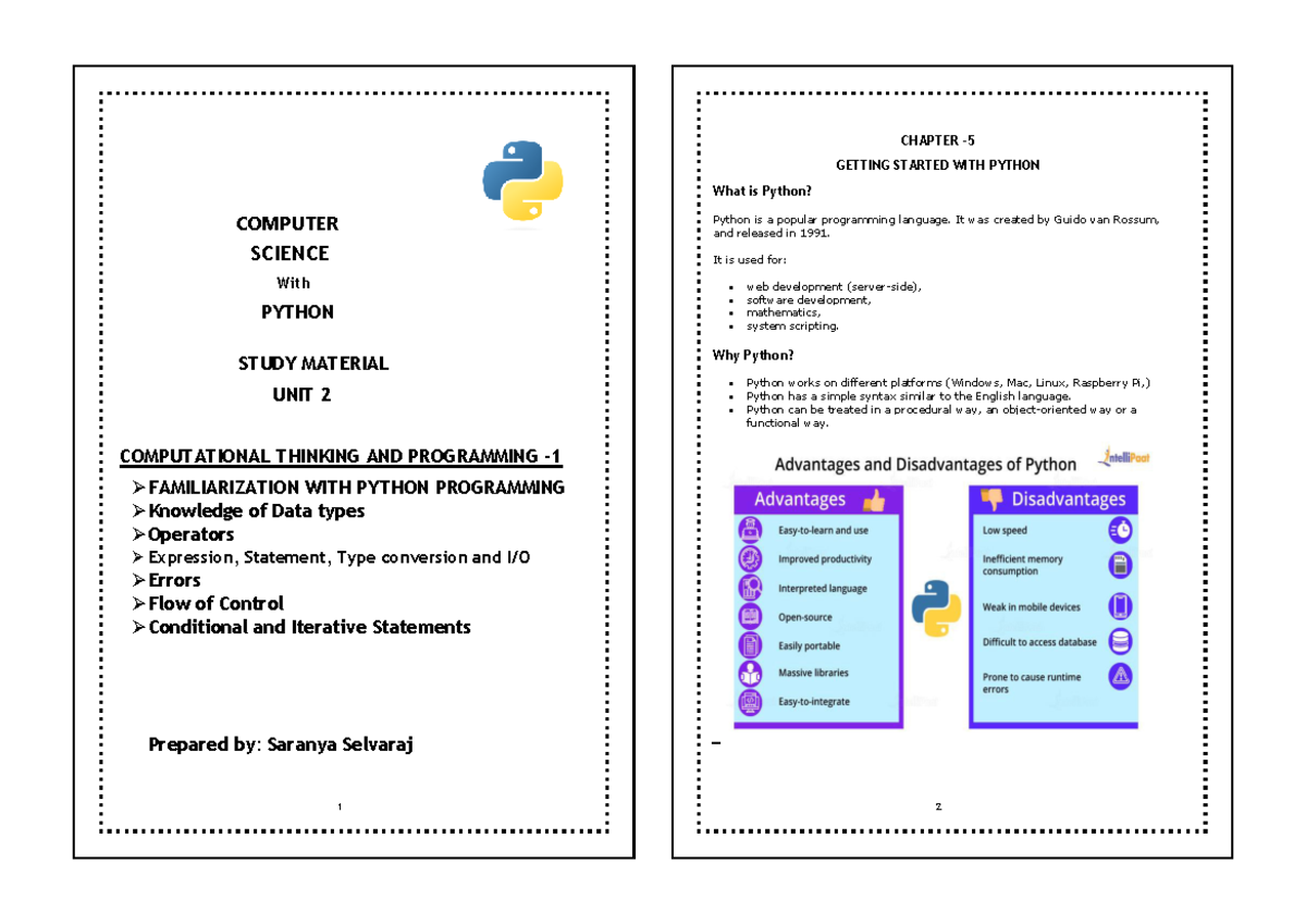 CS101: Chapter 2 - Getting Started with Python Study Material - Studocu