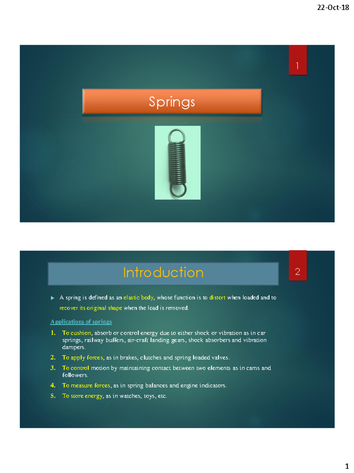 Design of Springs - Lecture notes 1-10 - 1 Springs Introduction 2 A ...