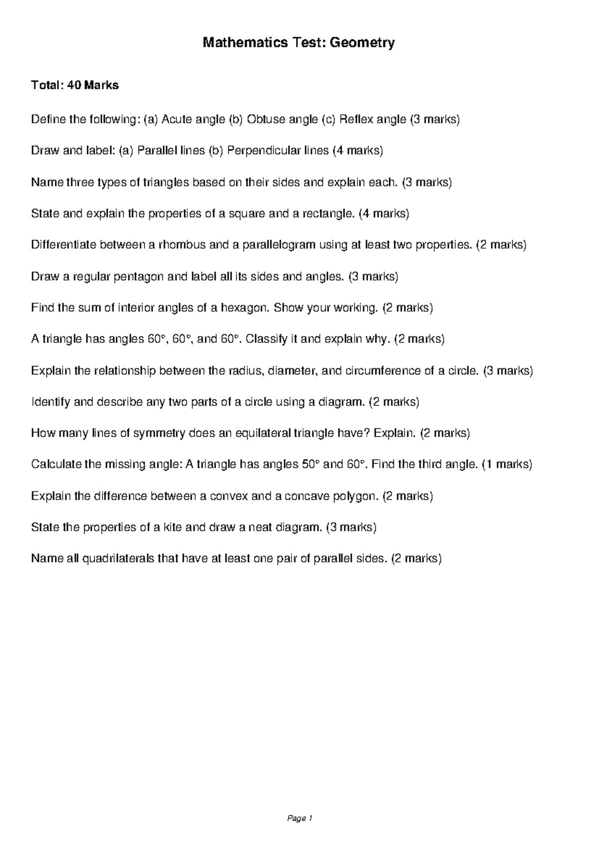 Geometry Test: 40 Marks - Key Concepts and Definitions - Studocu
