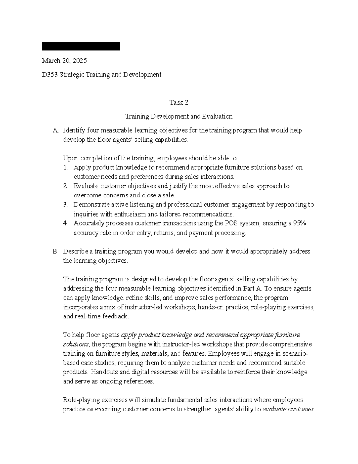 VEM1 D353 Task 2: Training Program Development & Evaluation - Studocu