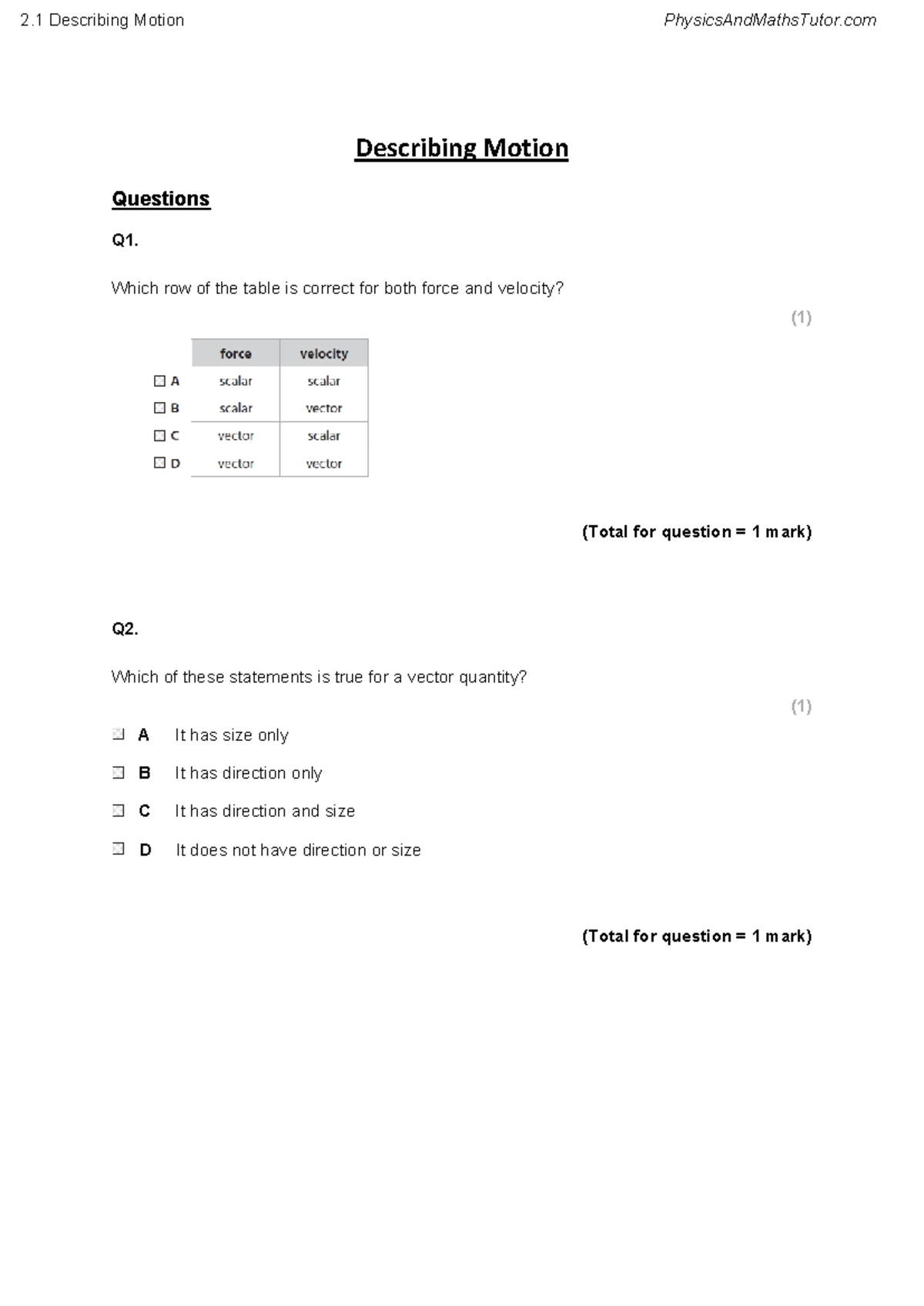 Describing Motion: Physics Concepts & Problems (Course Code: PHYS101 ...