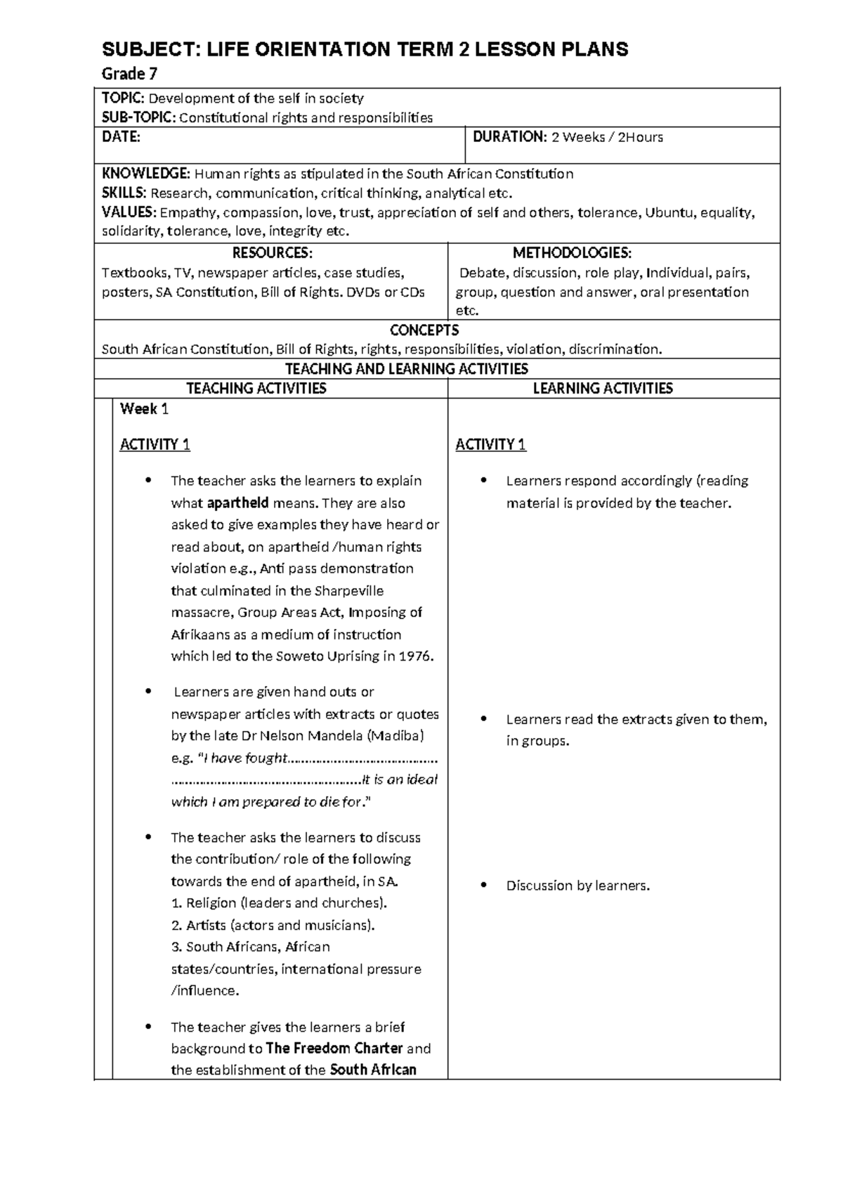 Life Orientation - Grade 7 Term 2 Lesson Plans on Rights ...