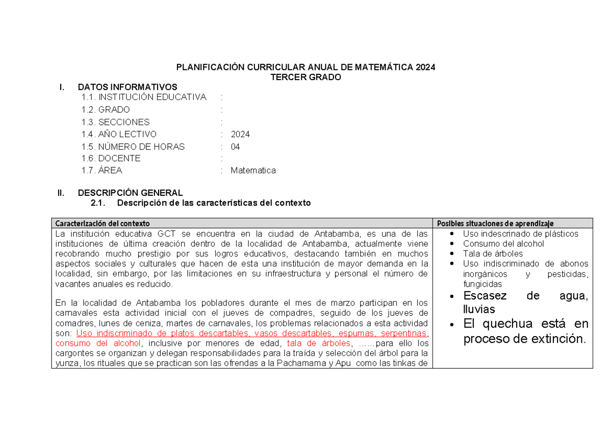 PCA 3ro MAT - Programación curricular - PLANIFICACIÓN CURRICULAR ANUAL DE MATEMÁTICA 2024 TERCER ...