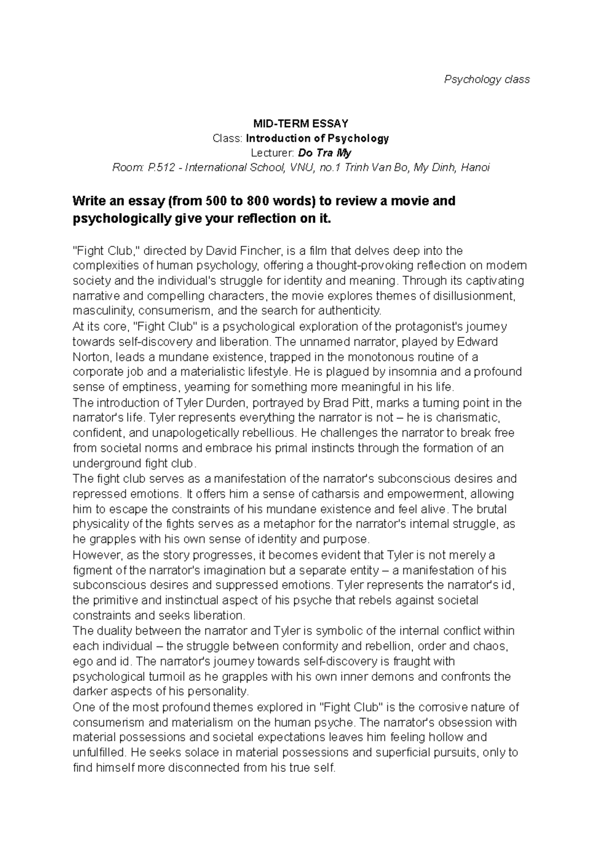 Midterm essay Nguyen Minh Tung - 2007 0039 - Psychology class MID-TERM ...