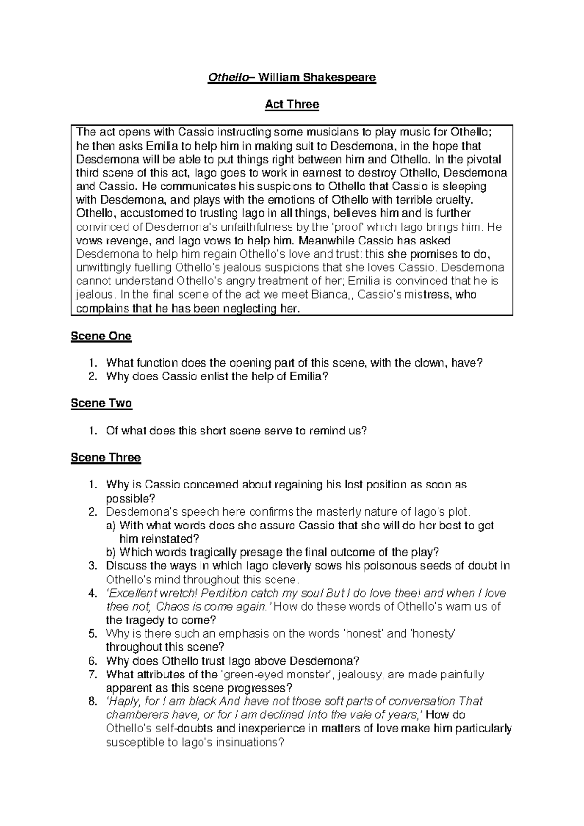 Othello (11.1) Act 3 Analysis and Discussion Questions - Studocu