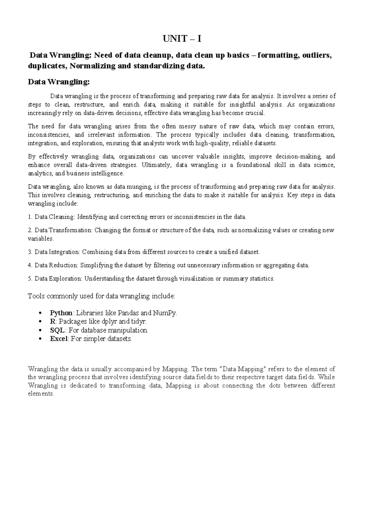 DWDV 101: Comprehensive Notes on Data Wrangling & Visualization - Studocu