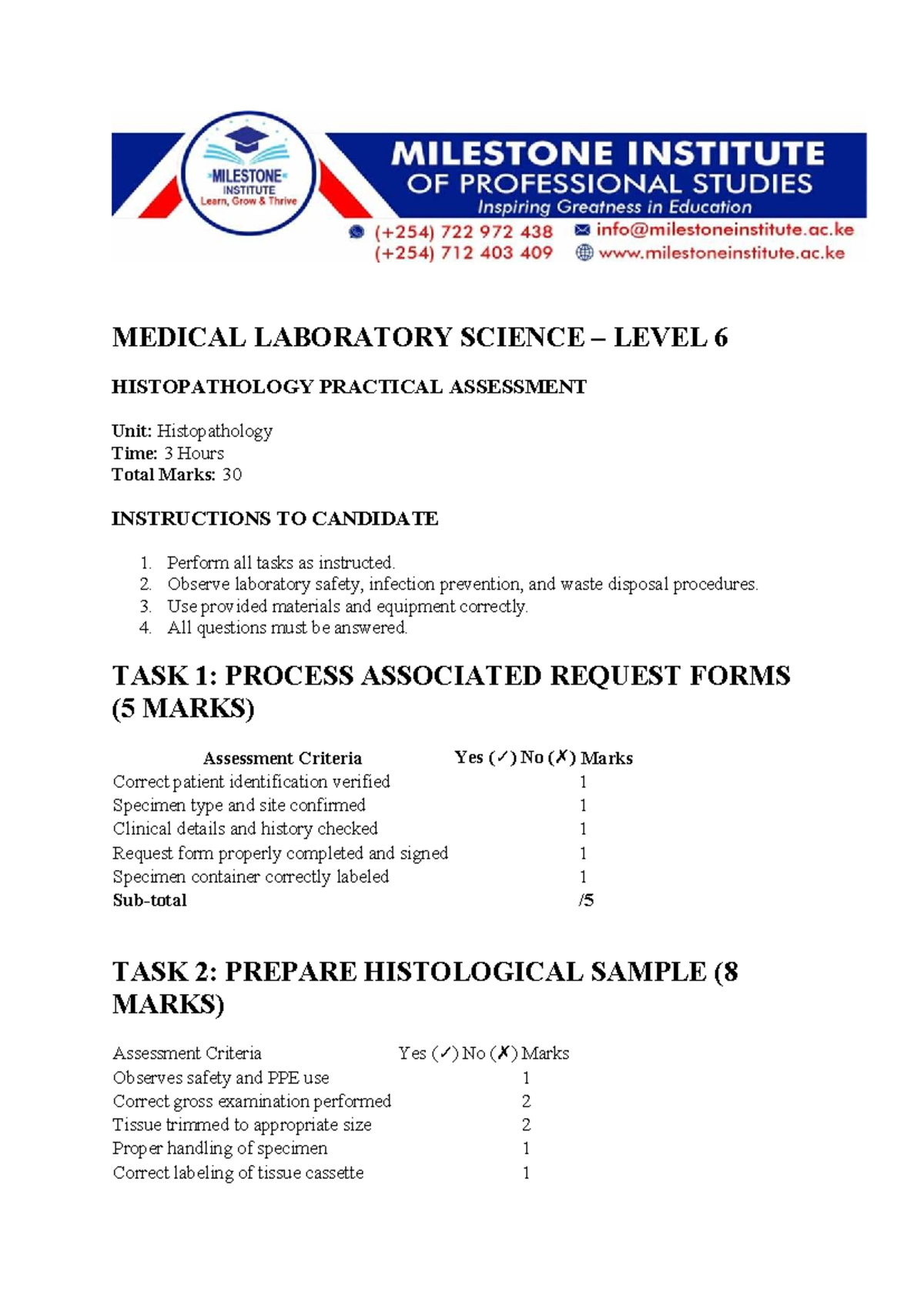 HISTOLOGY PRACTICAL ASSESSMENT LEVEL 6 - MEDICAL LAB SCIENCE - Studocu