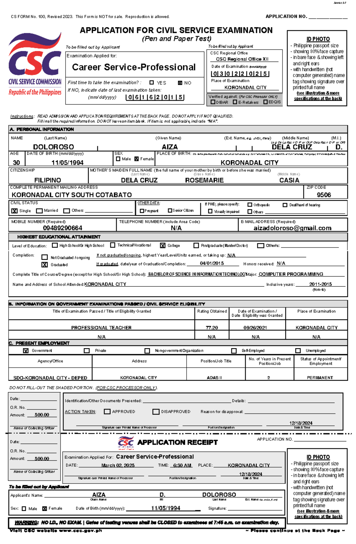 Application Teacher I - Annex A DO NOT FILL-OUT THE SHADED PORTION ...