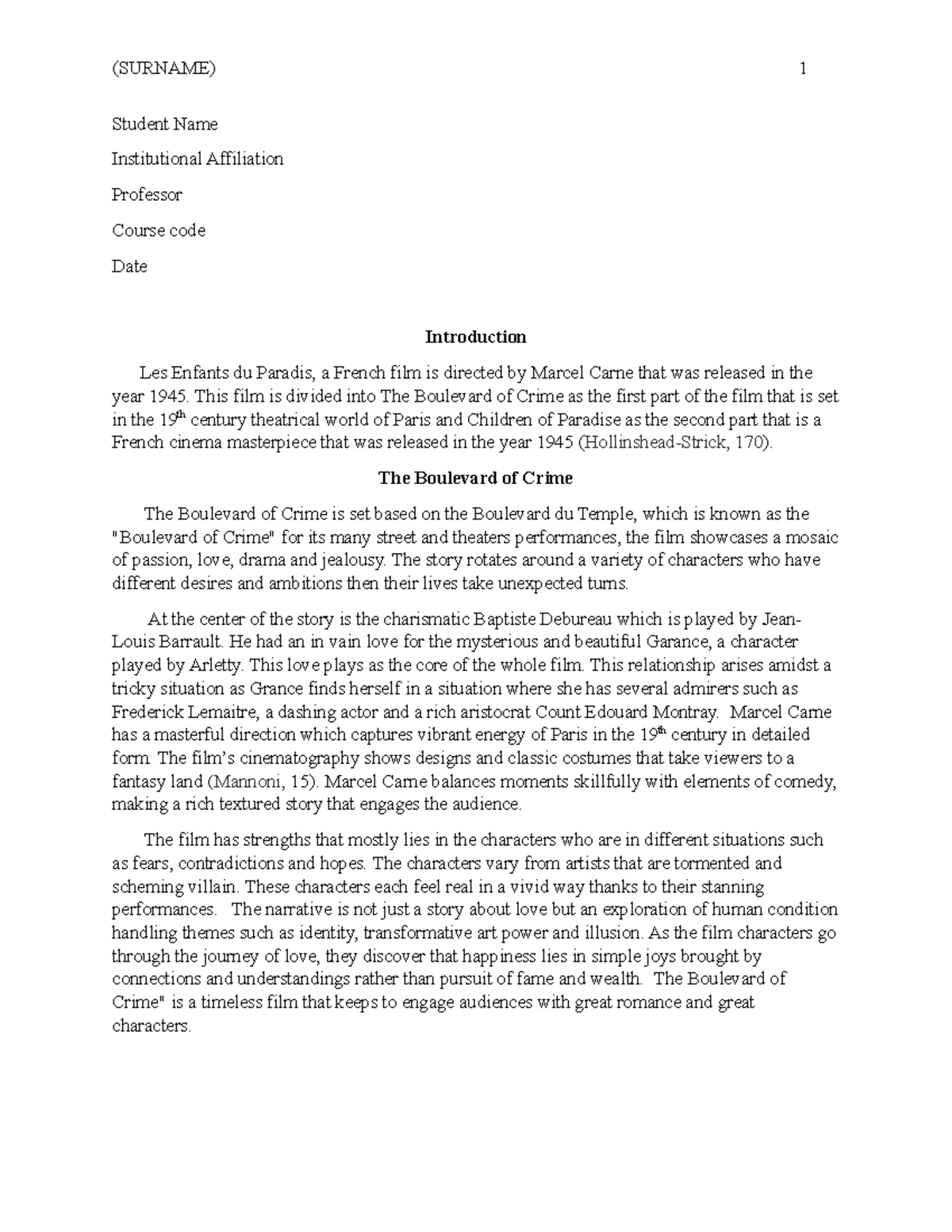 Les Enfants du Paradis (SURNAME) - Film Analysis and Revision Notes ...