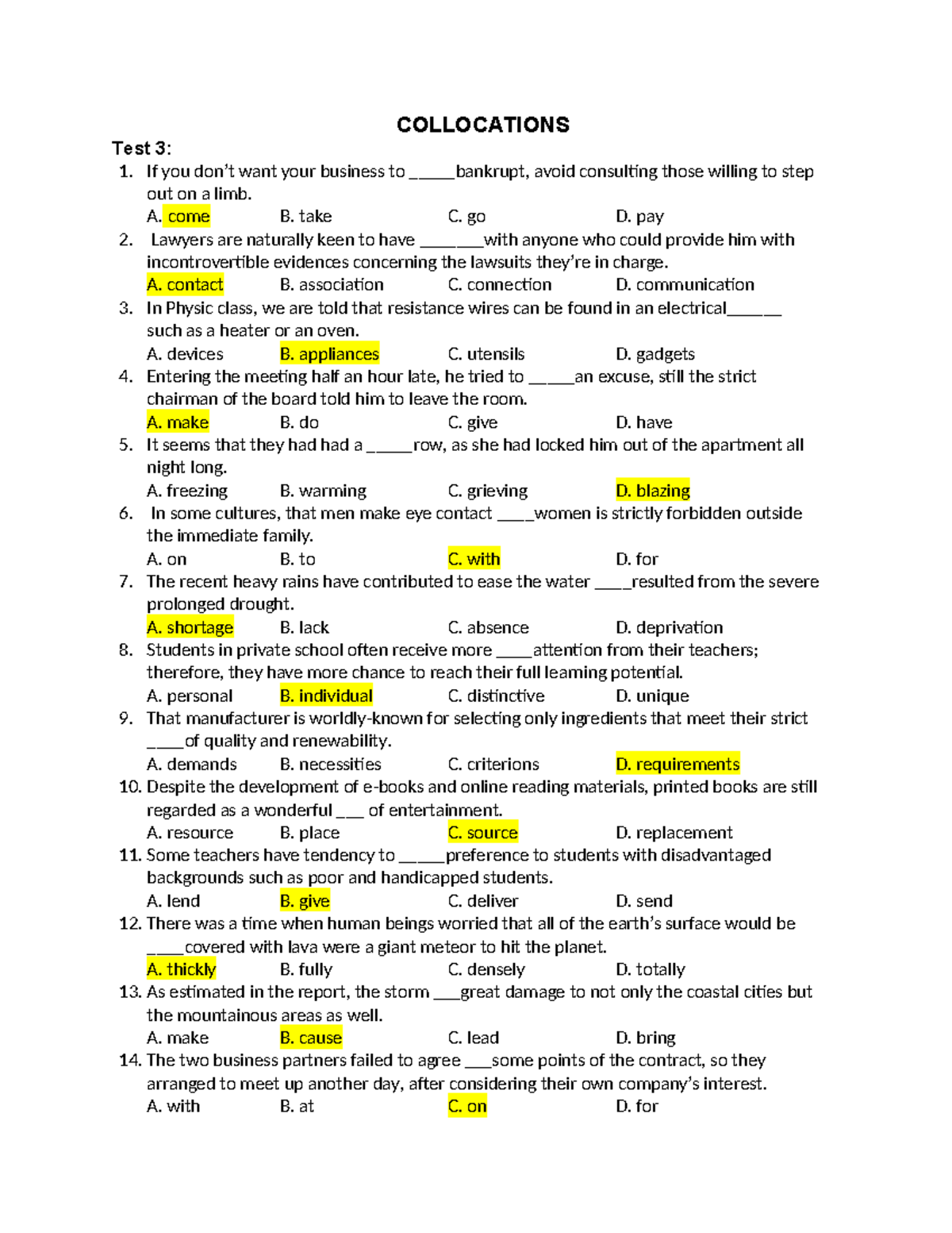 Collocation Test 3: Vocabulary Practice for Language Learners - Studocu