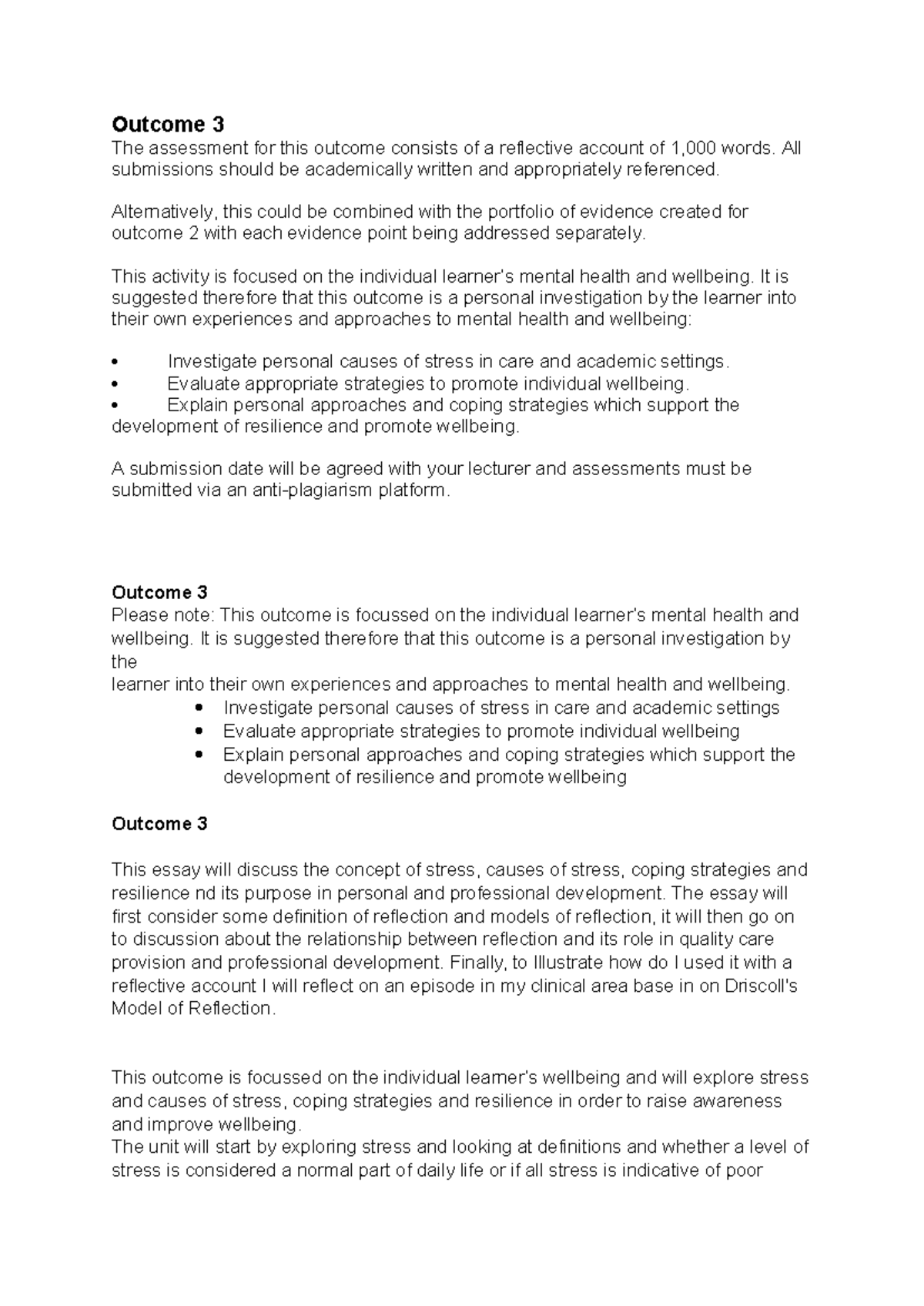 Outcome 3: Reflective Account on Stress and Wellbeing Strategies - Studocu