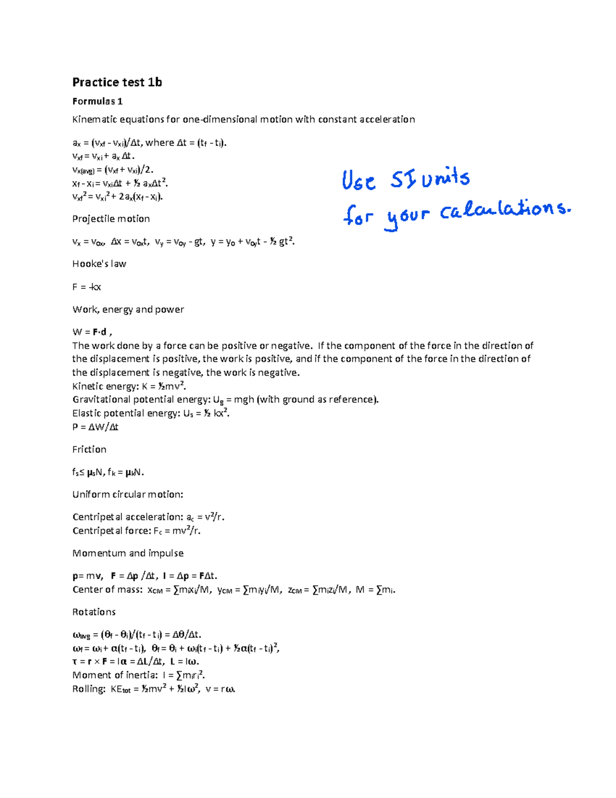 221 Practice Test 1B: Kinematics, Dynamics, Energy, and Momentum - Studocu