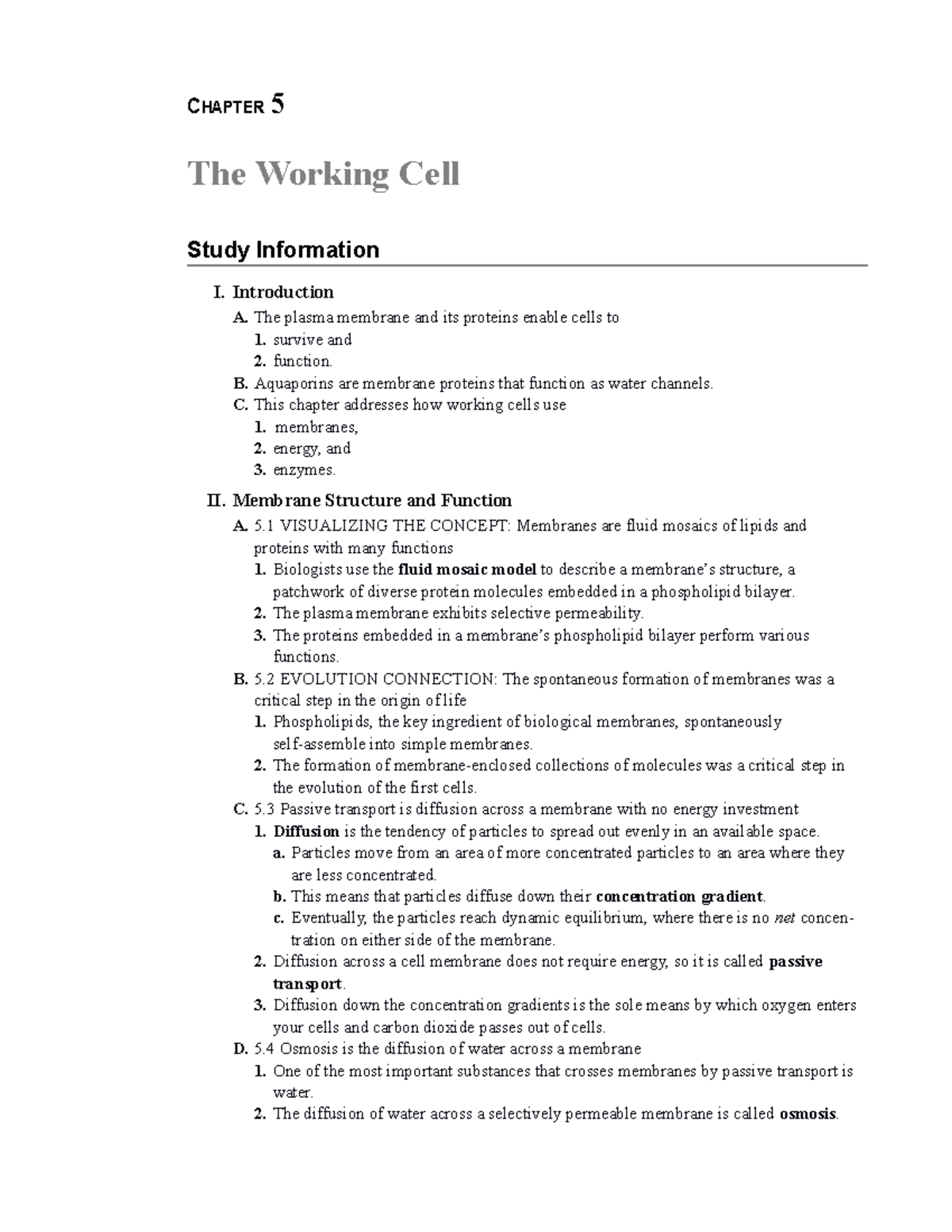 Study Information - Chapter 5 - CHAPTER 5 The Working Cell Study Information I. Introduction A ...