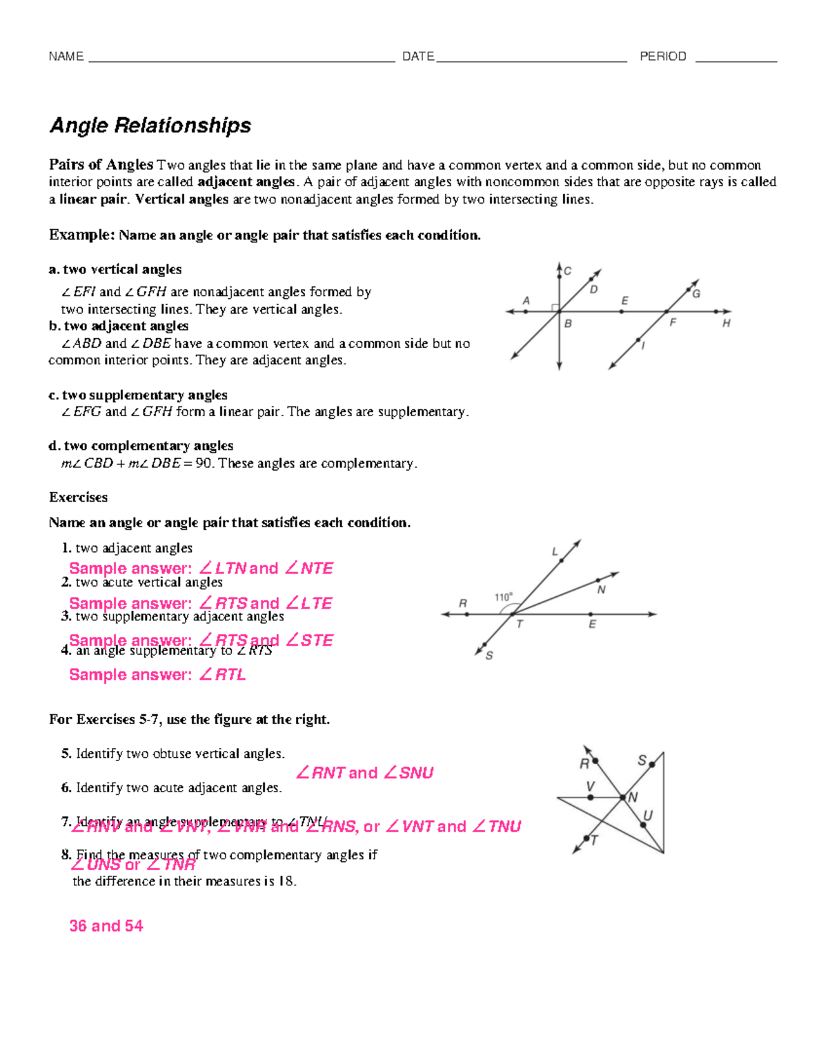 (1-7) Study Guide: Complementary & Supplementary Angles Worksheet - Studocu