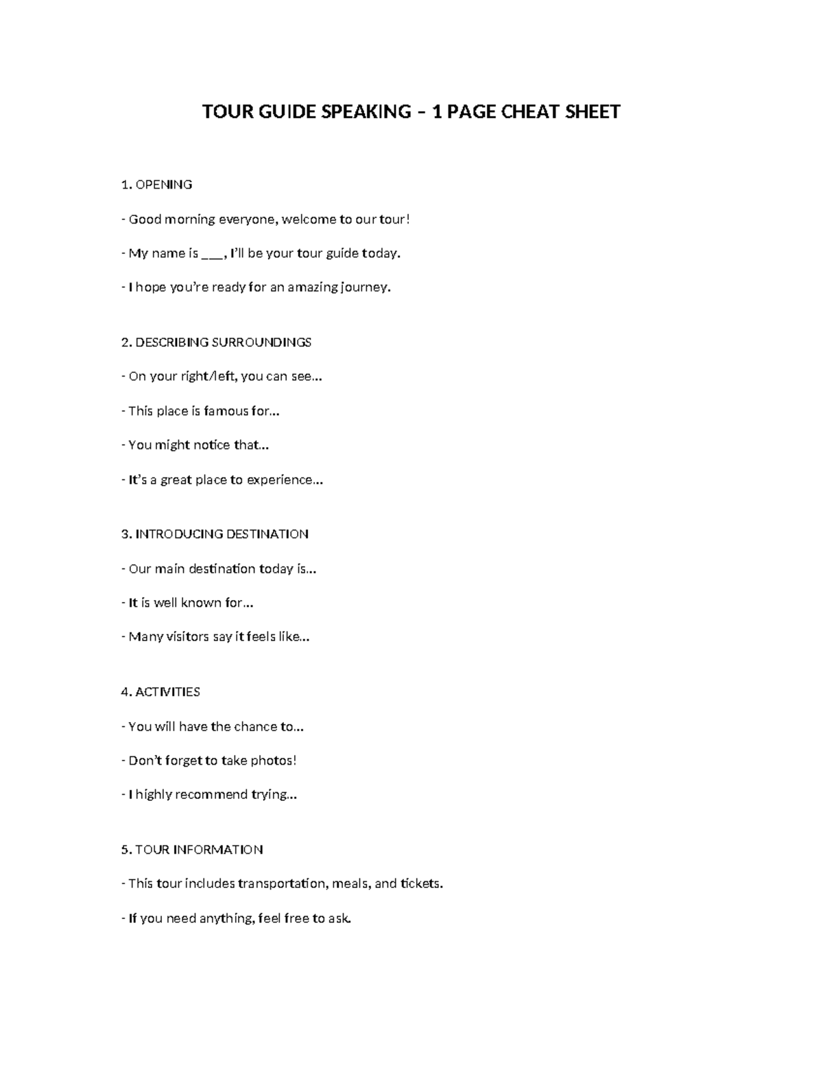 TOUR GUIDE SPEAKING CHEAT SHEET: KEY PHRASES & TIPS - Studocu