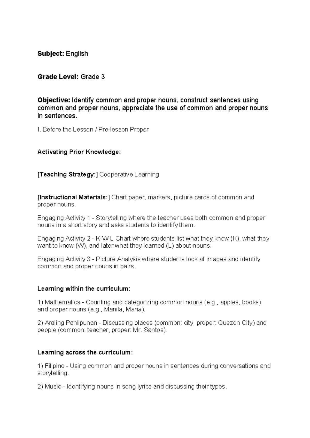 Lesson Plan: Understanding Common and Proper Nouns for Grade 3 - Studocu