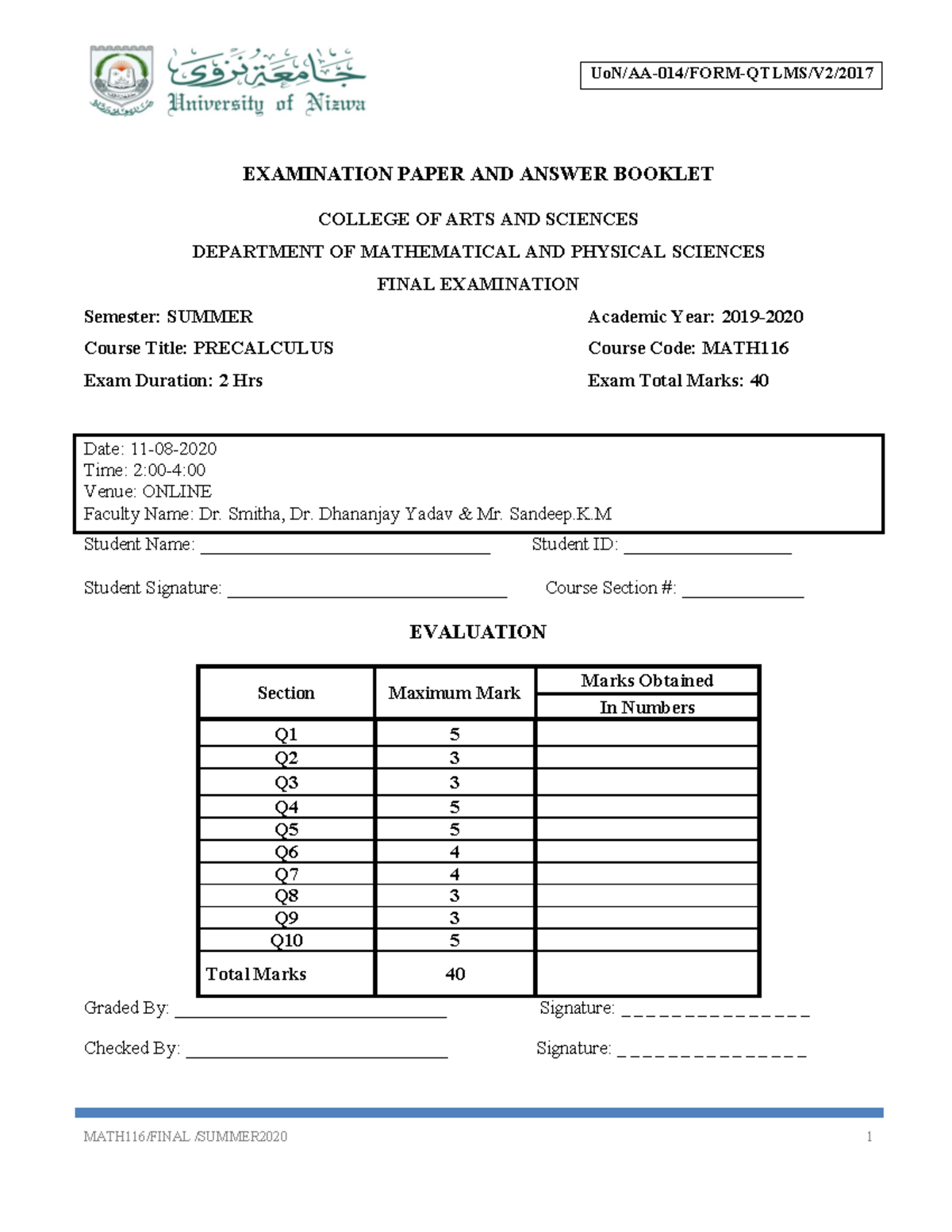 MATH116- Final Examsummer 2020 B - EXAMINATION PAPER AND ANSWER BOOKLET ...