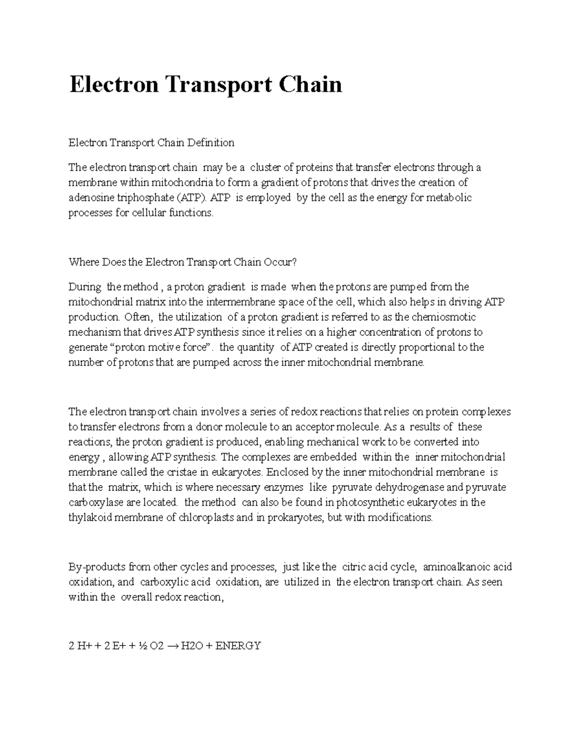 Definition Of Electron Transport Chain
