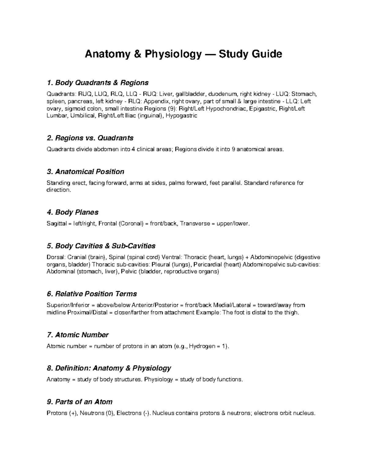 Anatomy & Physiology Study Guide: Body Quadrants & Regions - Studocu