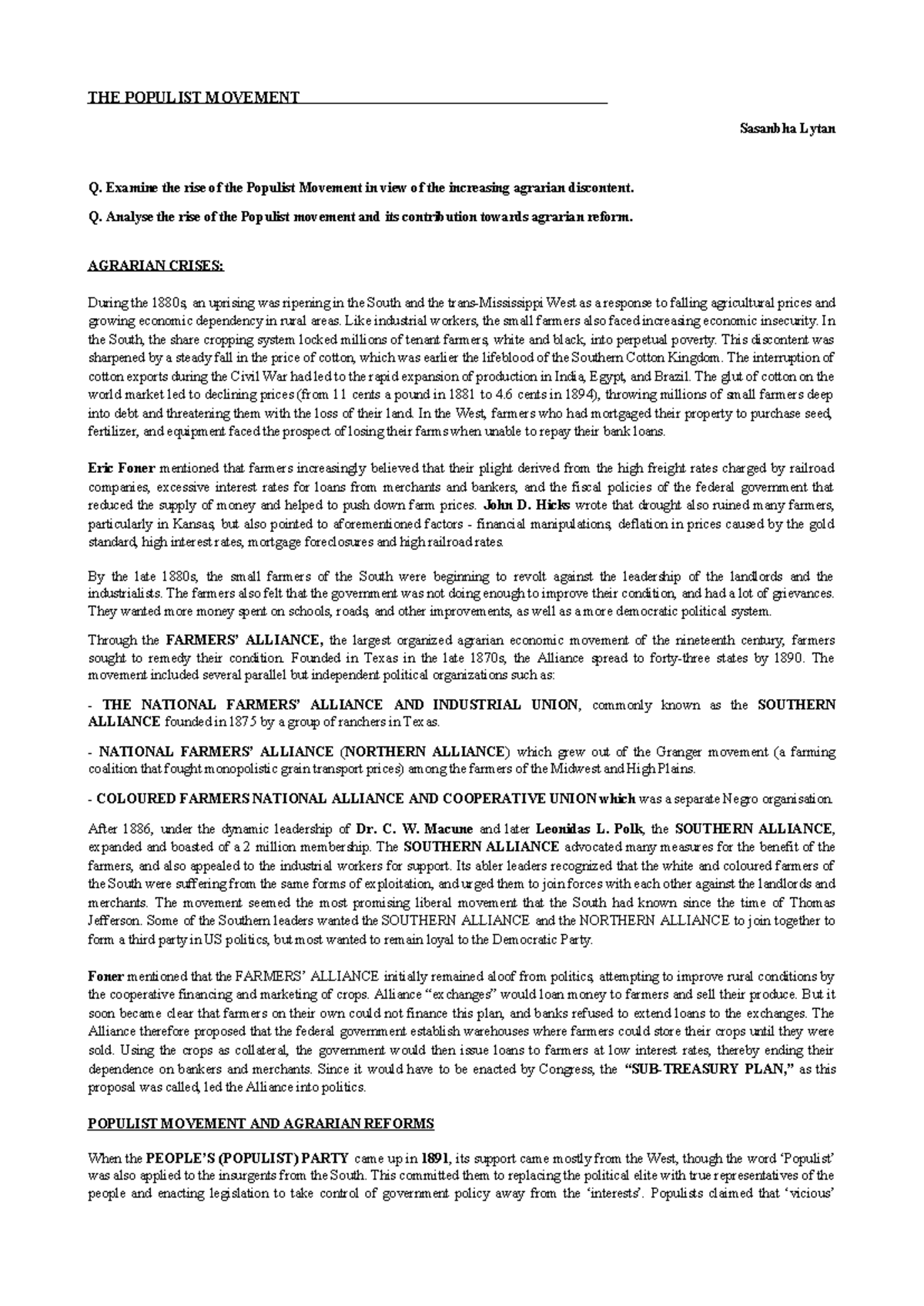 Populist Movement - Understanding Agrarian Discontent and Reforms - Studocu
