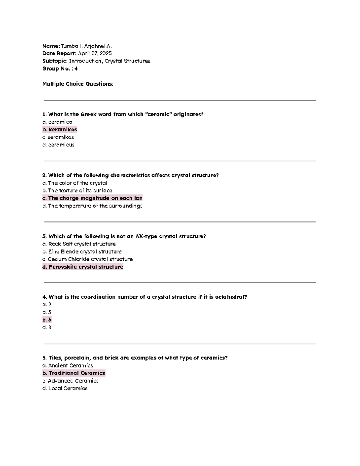Group 4 Ceramics Structure: MCQs & Problem Solving Guide - Studocu