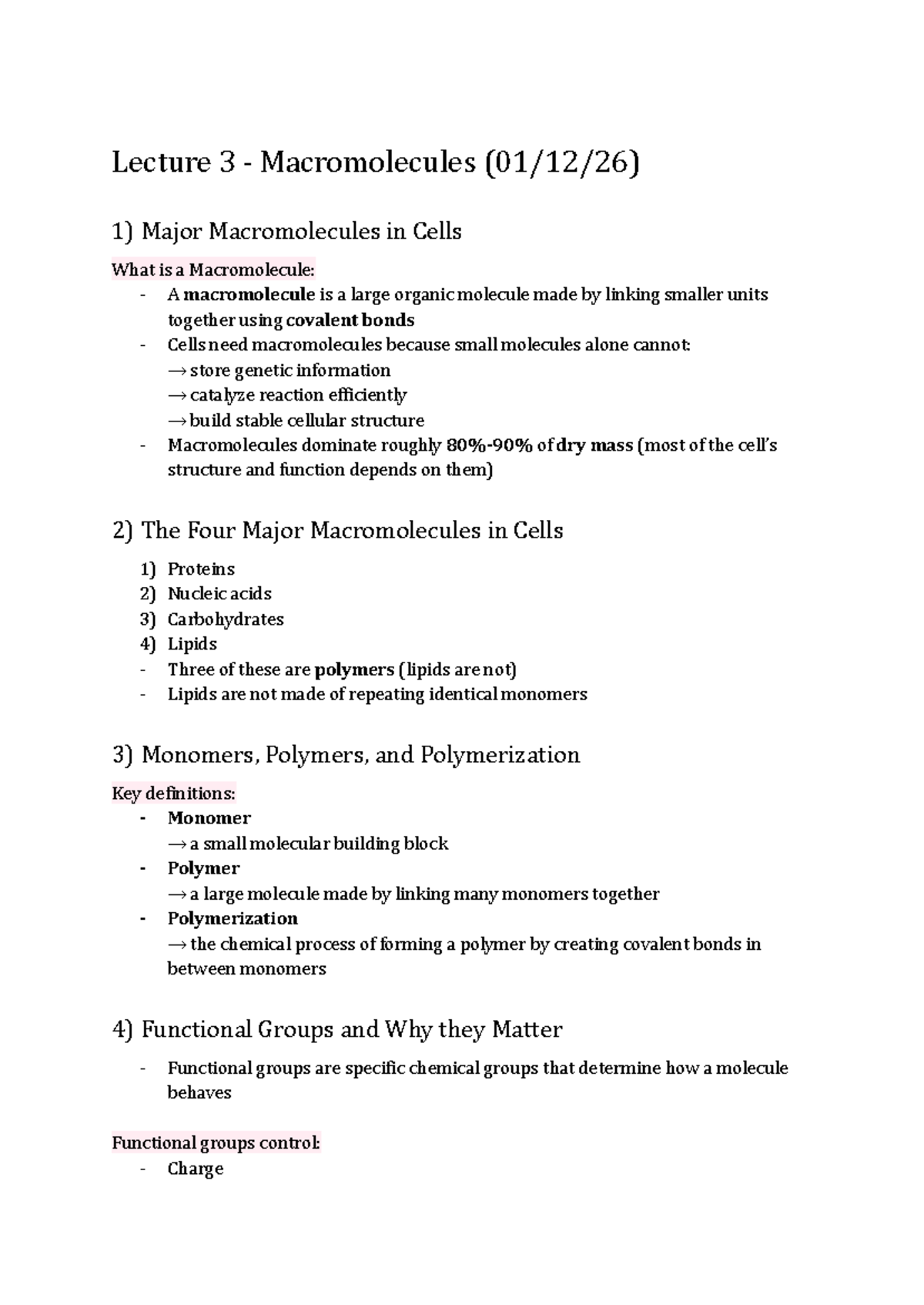 Unit 2 Lecture: Major Macromolecules in Cells and Their Functions - Studocu