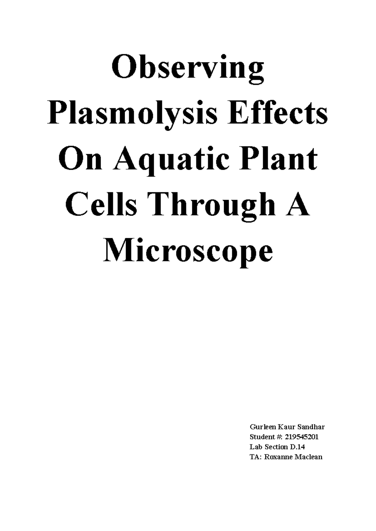 Biology 1000F23 LAB 3 - Observing Plasmolysis Effects On Aquatic Plant ...