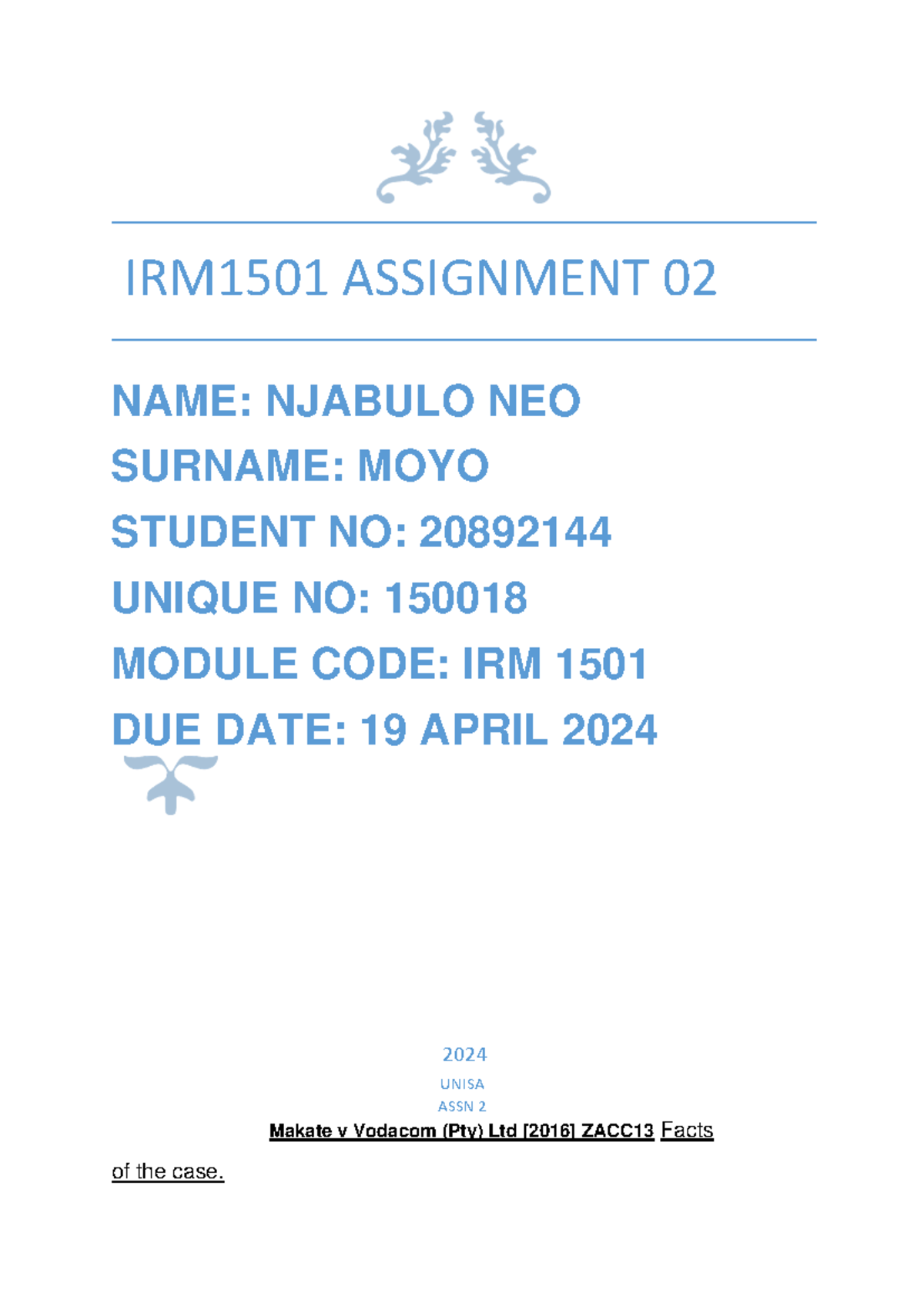 IRM1501 Assignment 02 - Distinction Script on Makate v Vodacom Case - Studocu
