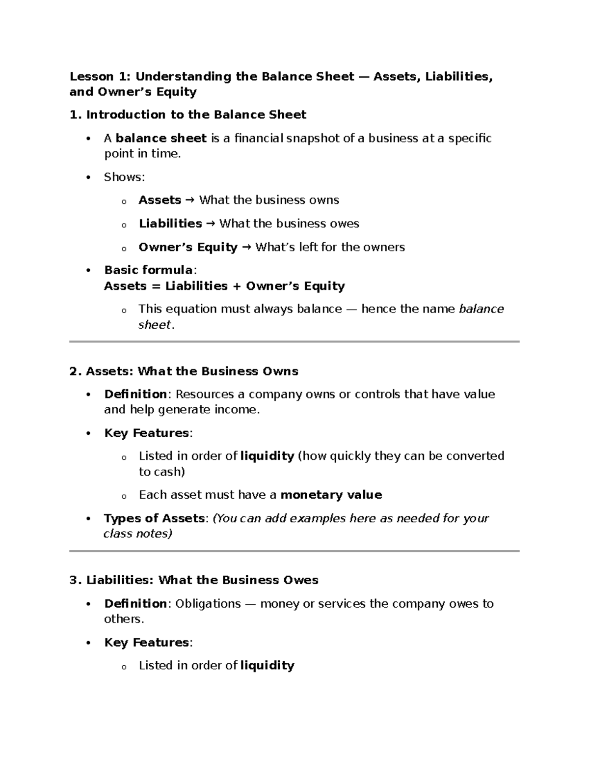 D102 Lesson 1: Understanding Balance Sheet Components and Cash Flow ...