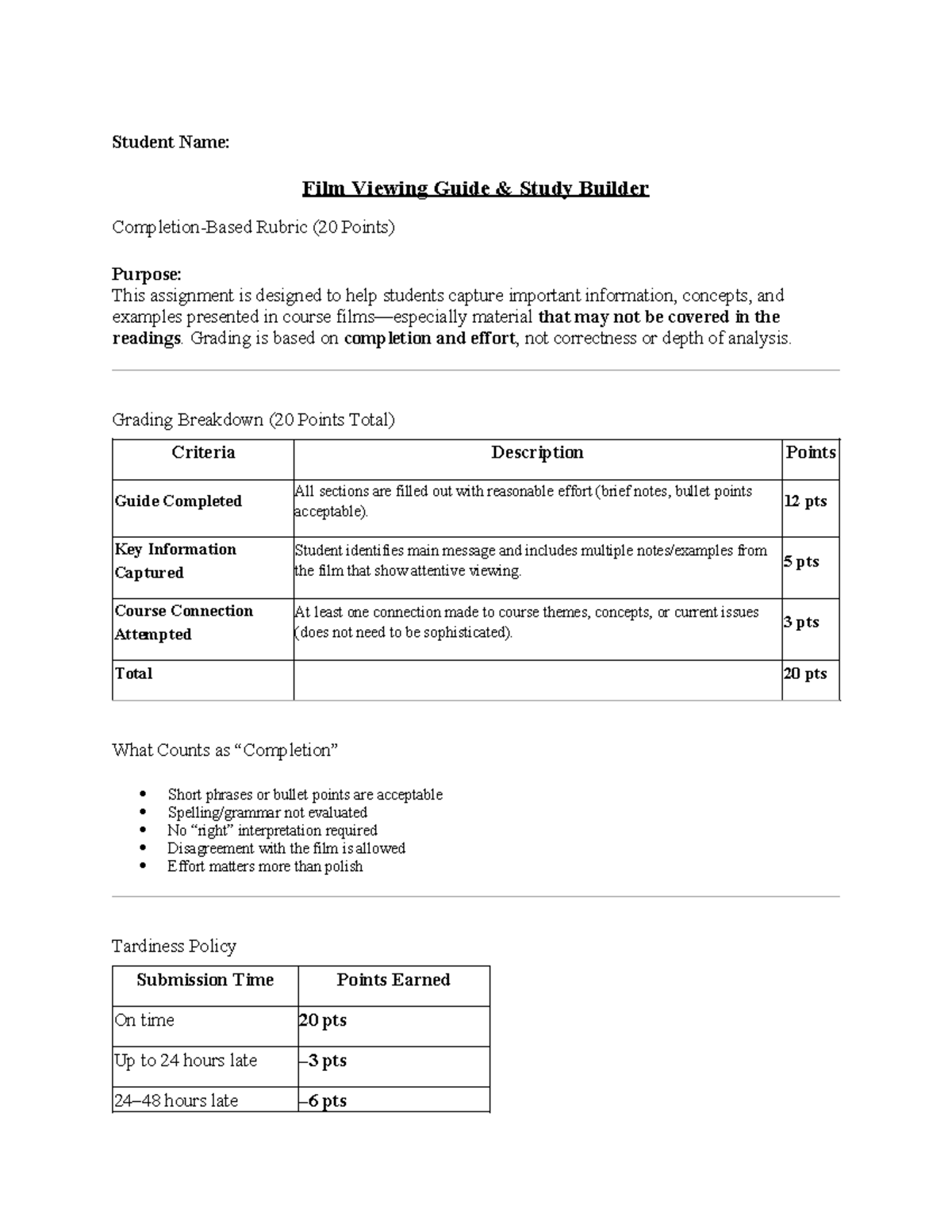 Film Assignment Template: Film Viewing Guide Rubric (20 Points) - Studocu