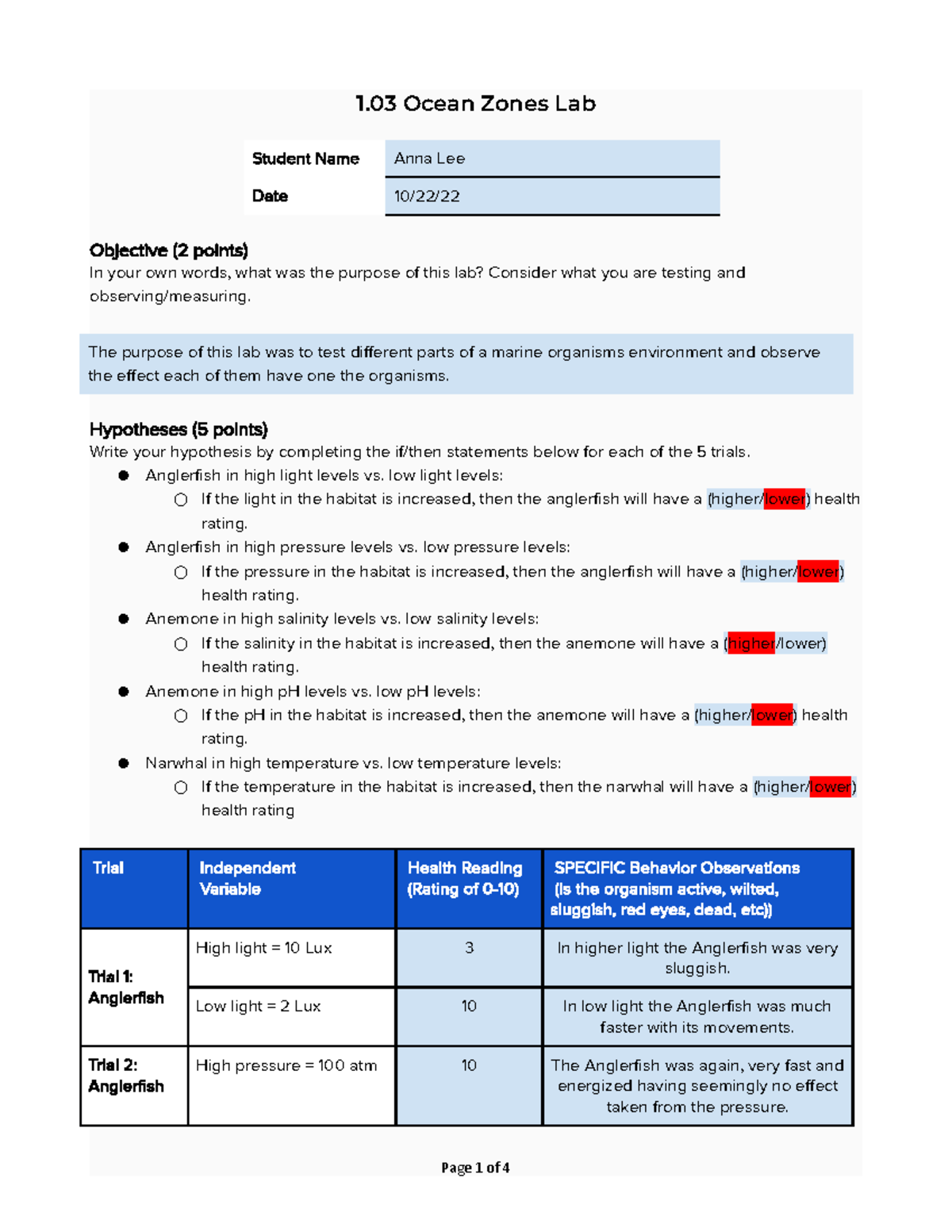 1.03 Lab Report - Ocean Zones and Marine Organisms Effects - Studocu