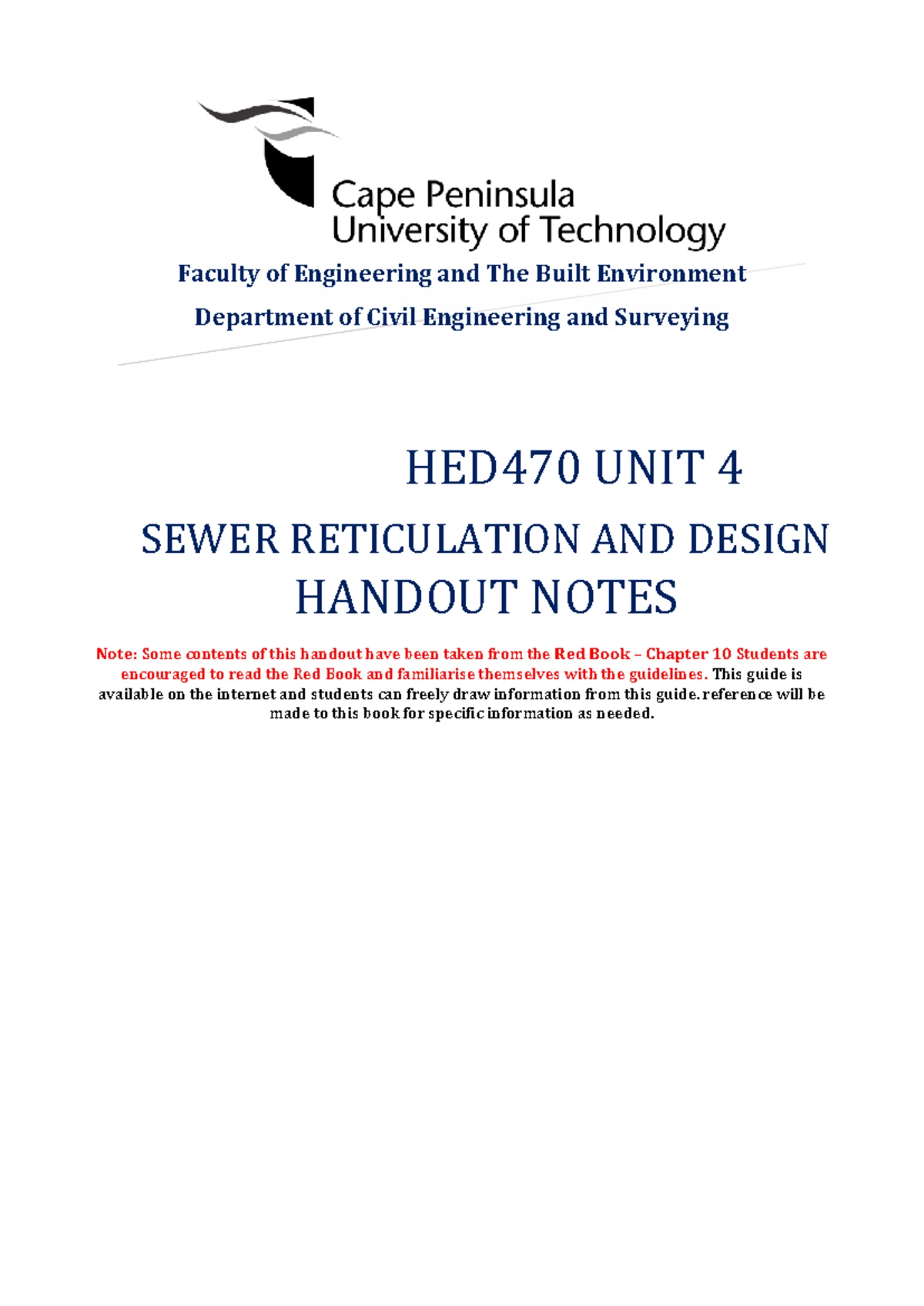 HED470 Unit 4 Handout: Sewer Reticulation & Design Notes - Studocu