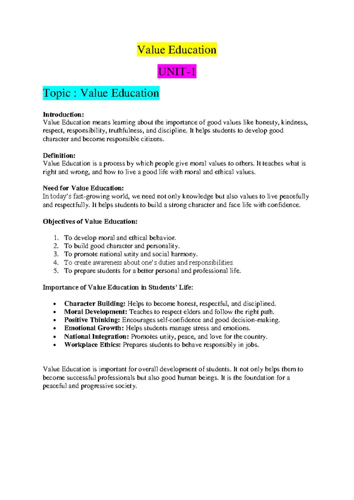 Value Education: Importance and Relevance in Today's Society - Studocu