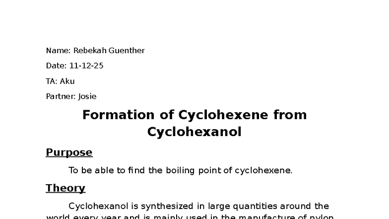 Formation of Cyclohexene from Cyclohexanol - Lab Report - Studocu