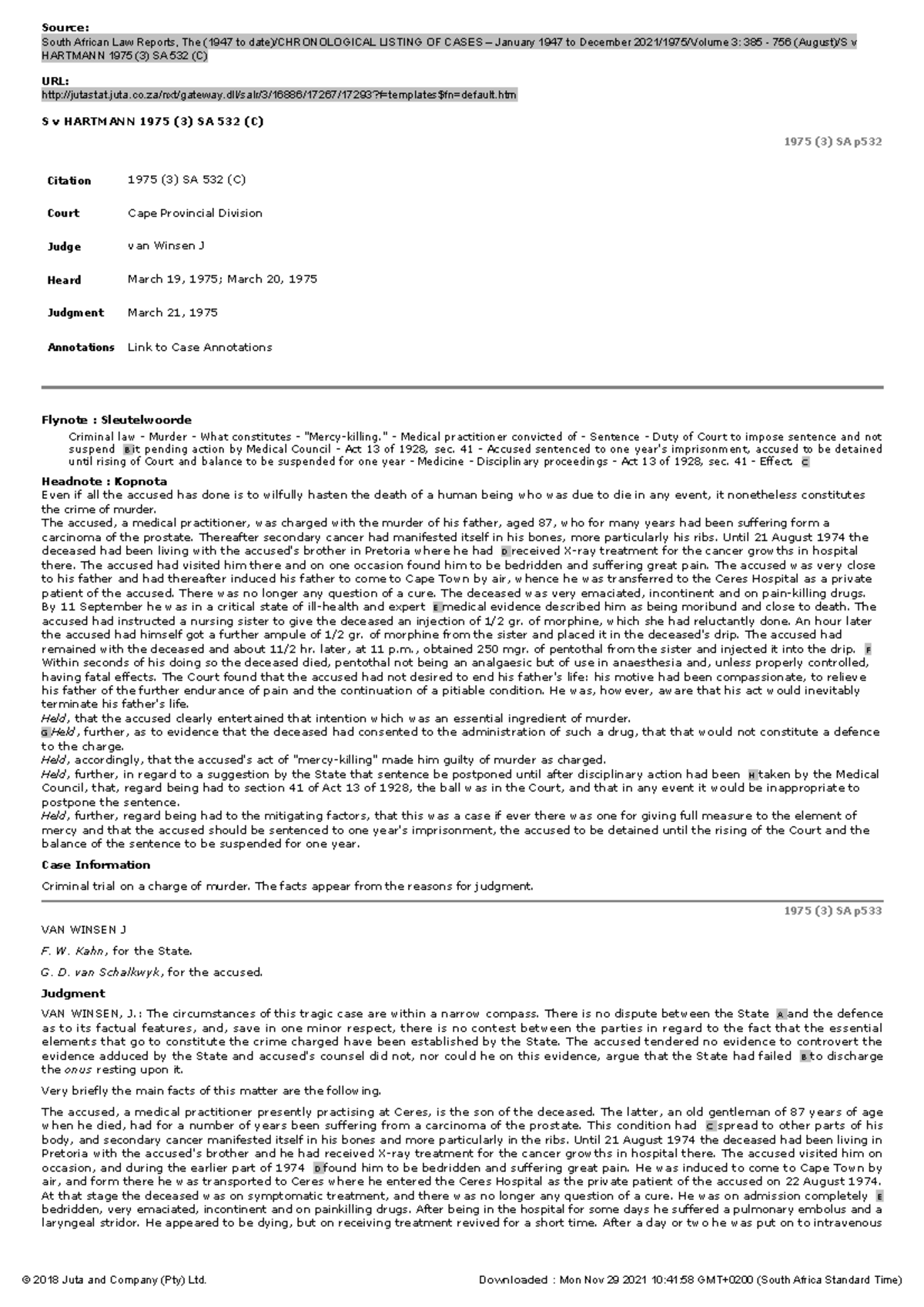 S v Hartmann 1975 (3) SA 532 (C) - Case Analysis and Judgment Summary - Studocu