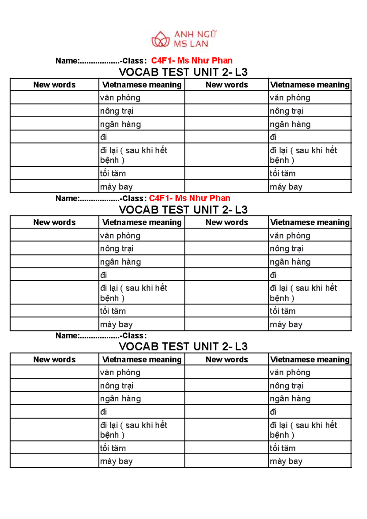 VOCAB TEST UNIT L3: New Words & Meanings in Vietnamese - Studocu