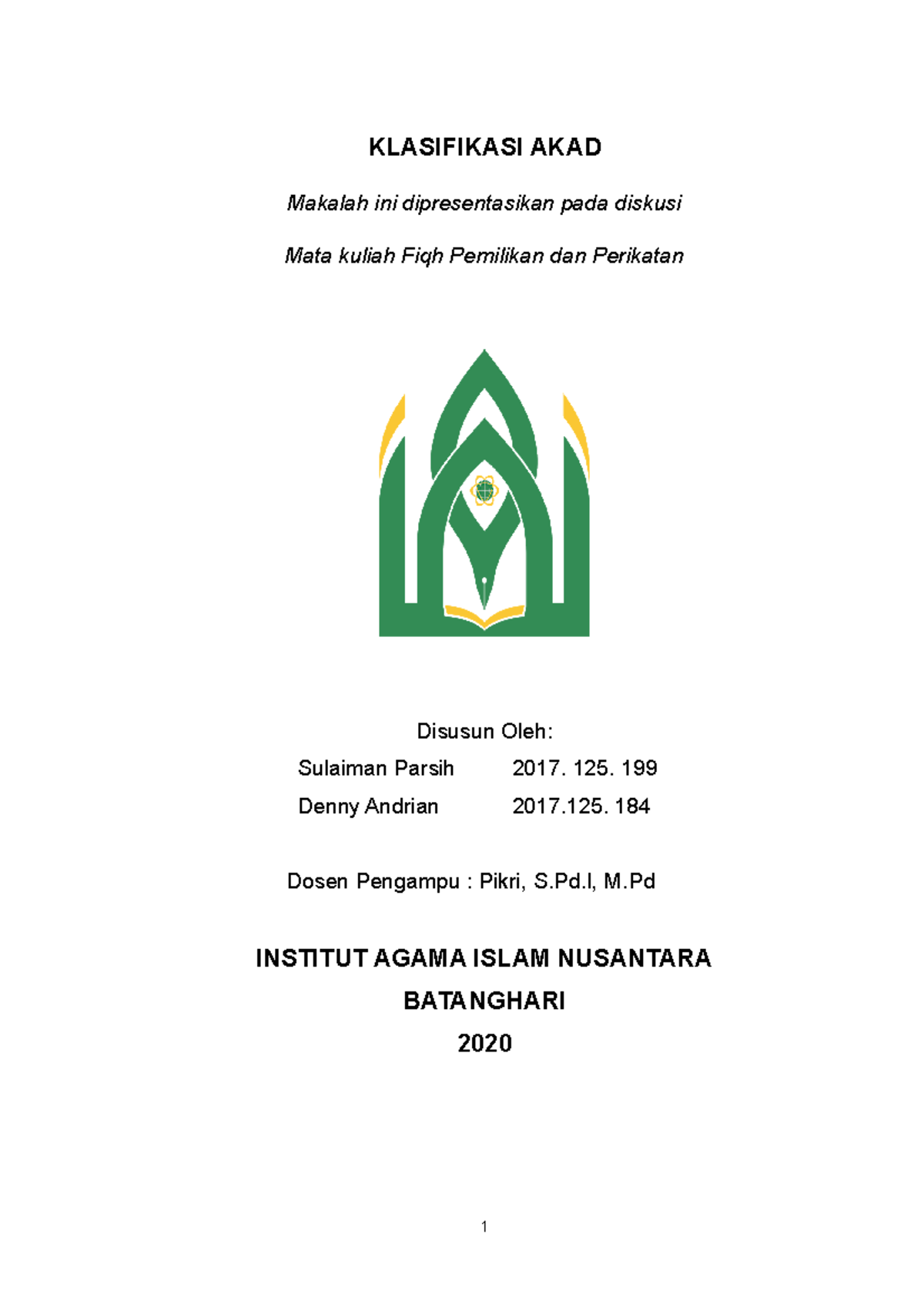 Klasifikasi Akad dalam Fiqh Pemilikan dan Perikatan (KUL FI540) - Studocu