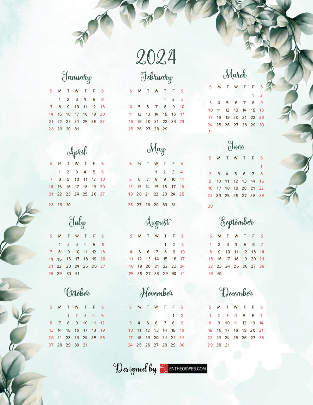 2024 Calendar Green Leaves By Entheos Web - S January February March ...