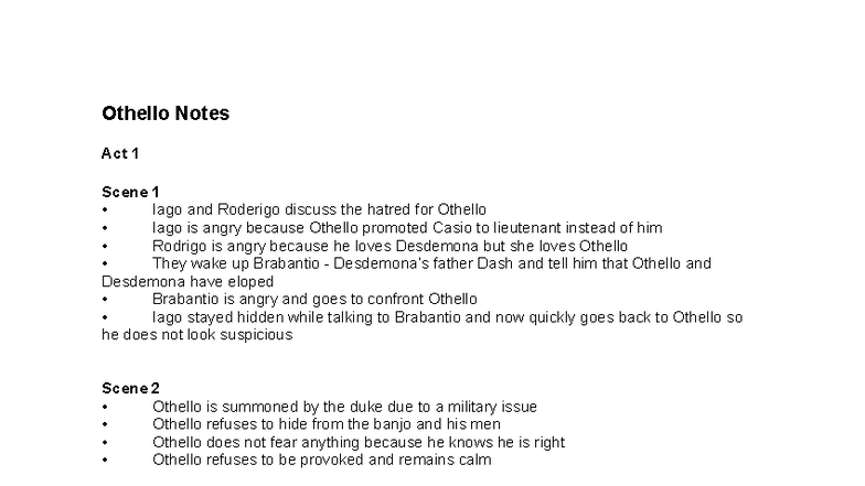 Othello Notes: Act 1-3 Summary and Key Themes Analysis - Studocu