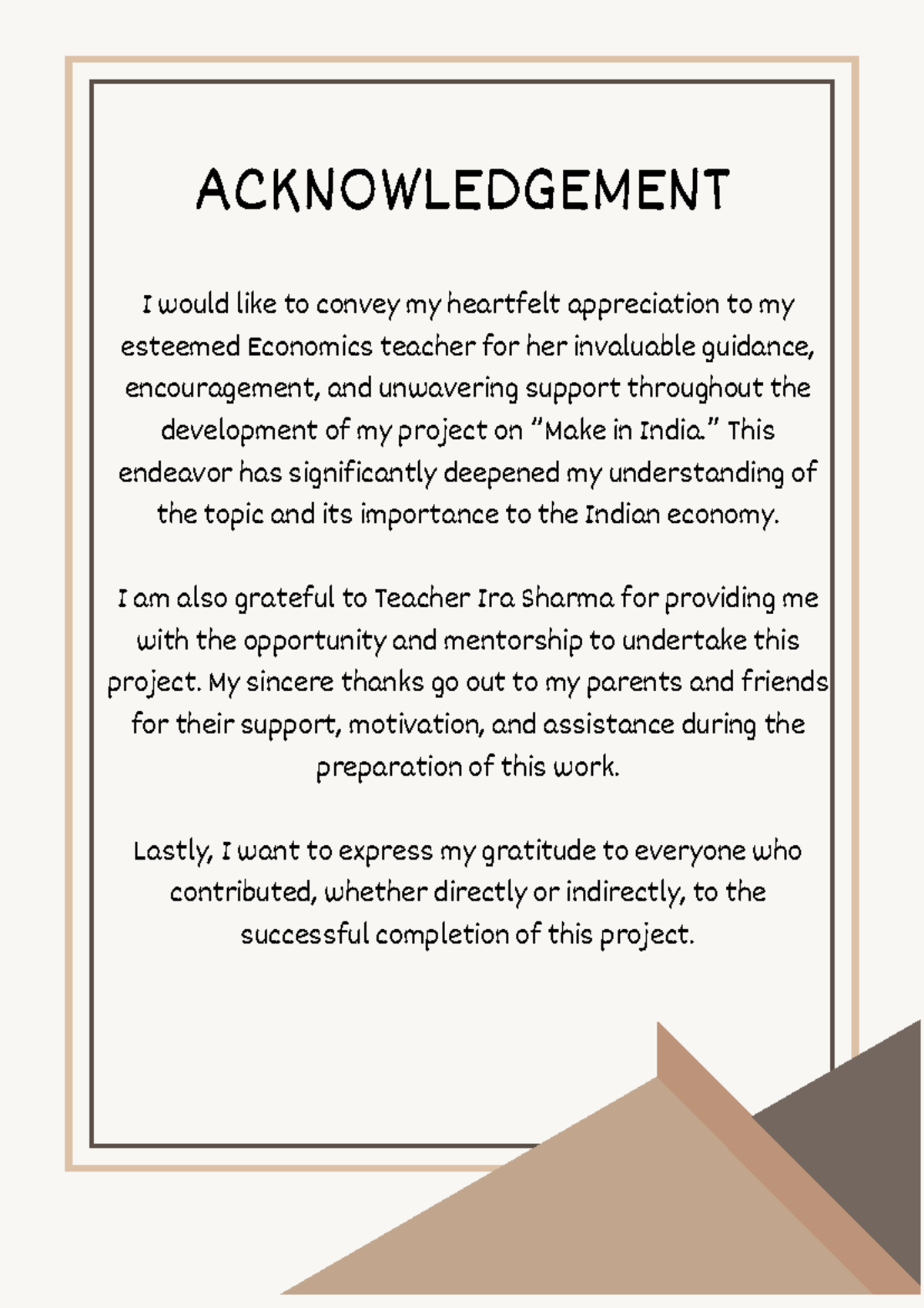 Acknowledgement for Economics Project on Indian Economy - Studocu