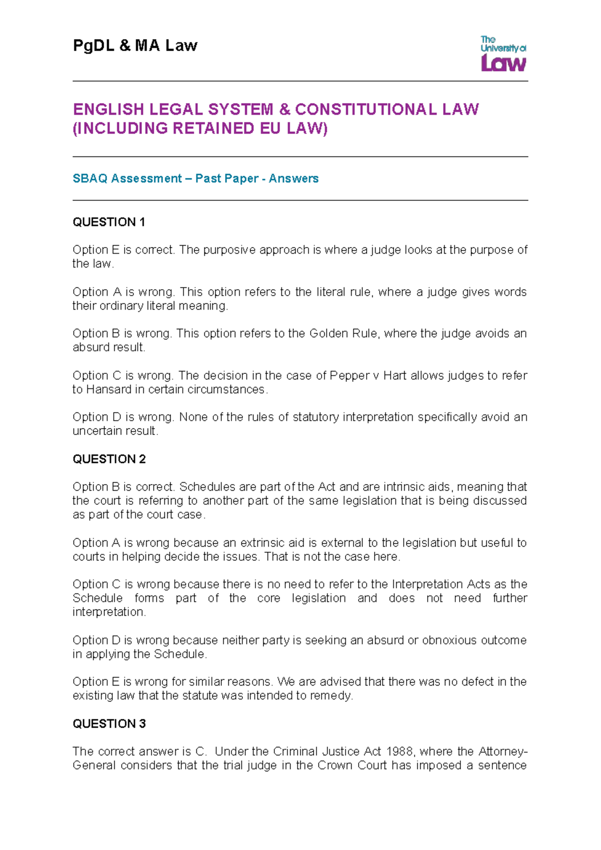 PgDL MA Law ELS CE01 Past Paper SBAQ Answers Analysis - Studocu